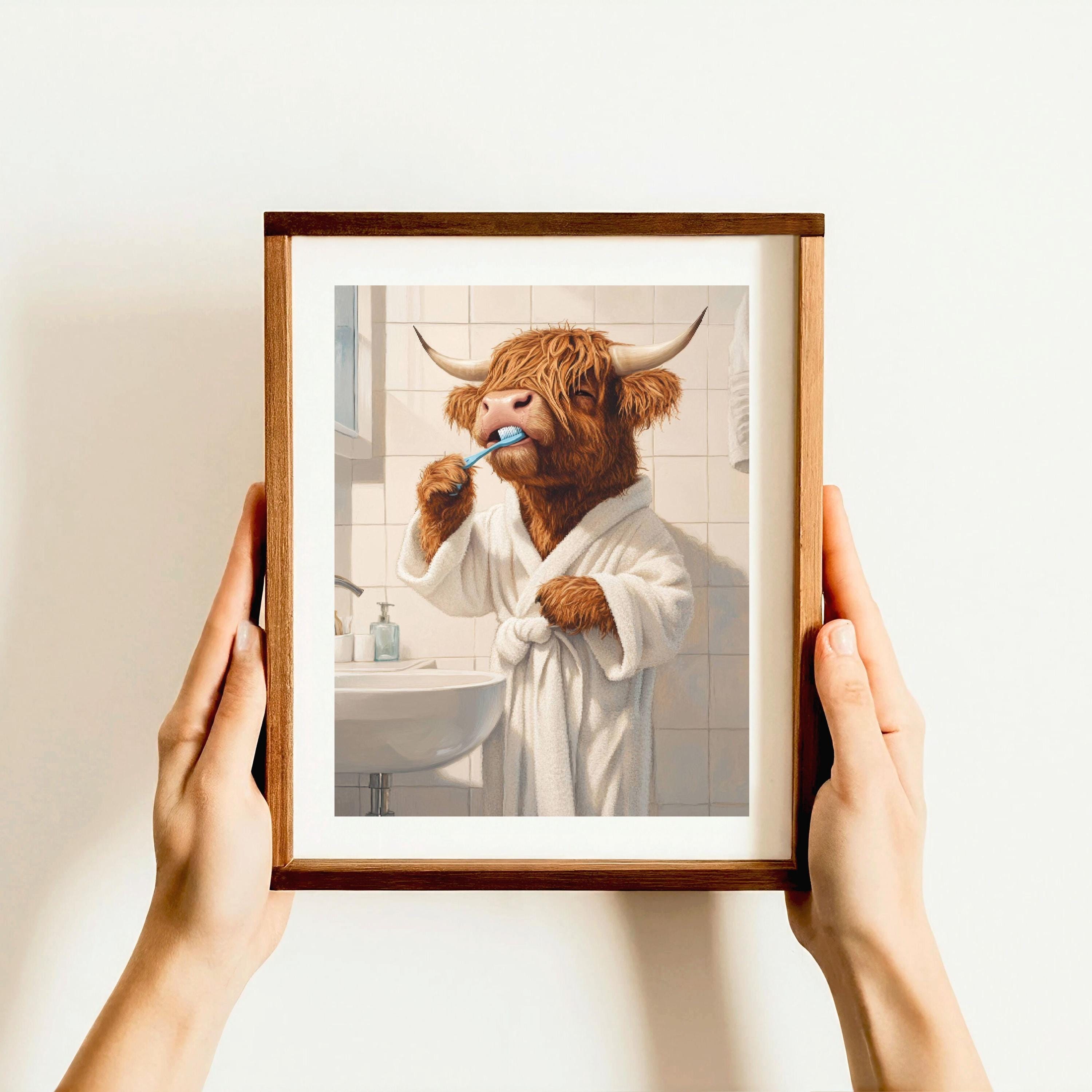 Highland Cow Brushing Teeth Bathroom Wall Art Funny Animal Print ...