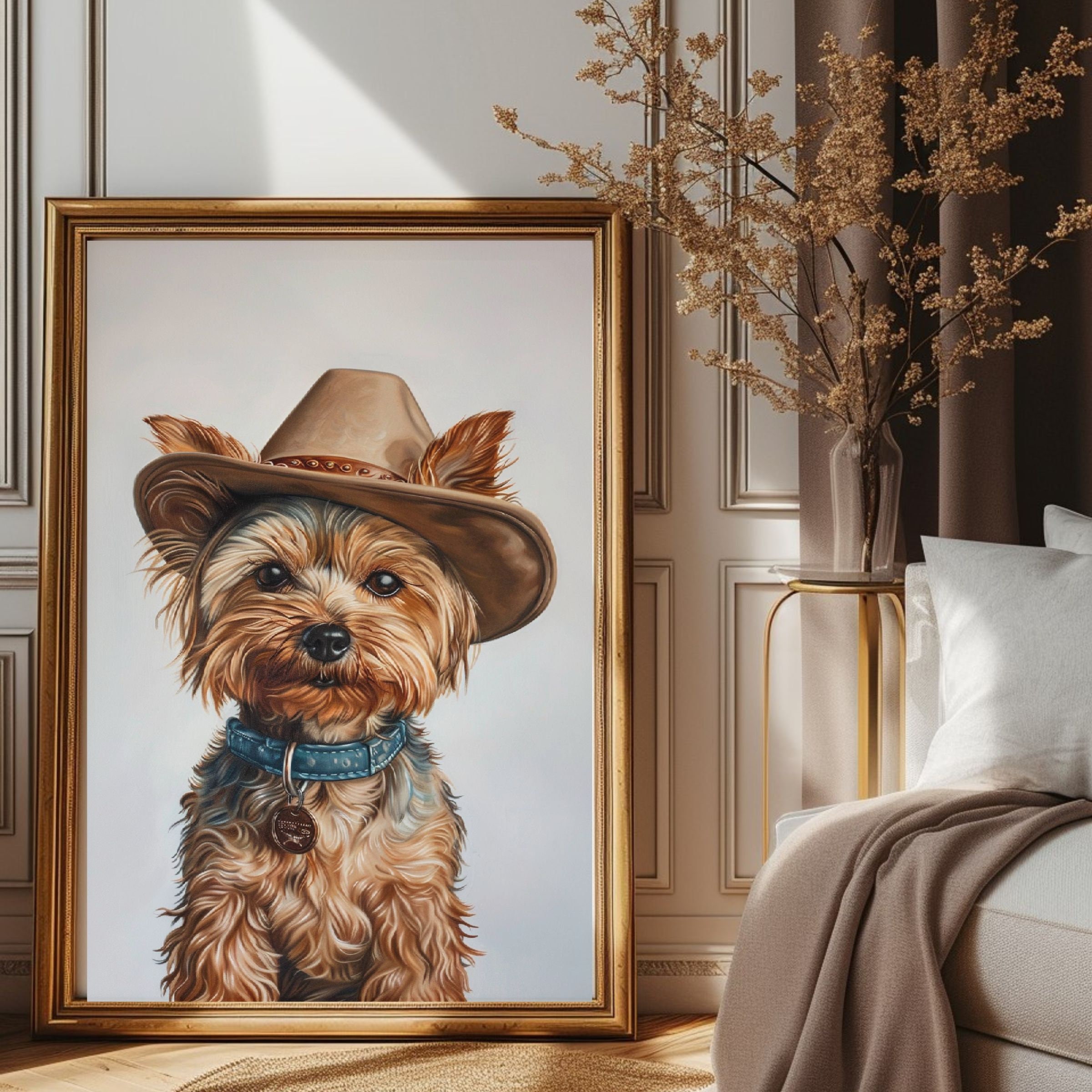 Dog Wall Art Pet Portrait Yorkie Dog Cowboy Preppy Wall Art Dog Wall ...