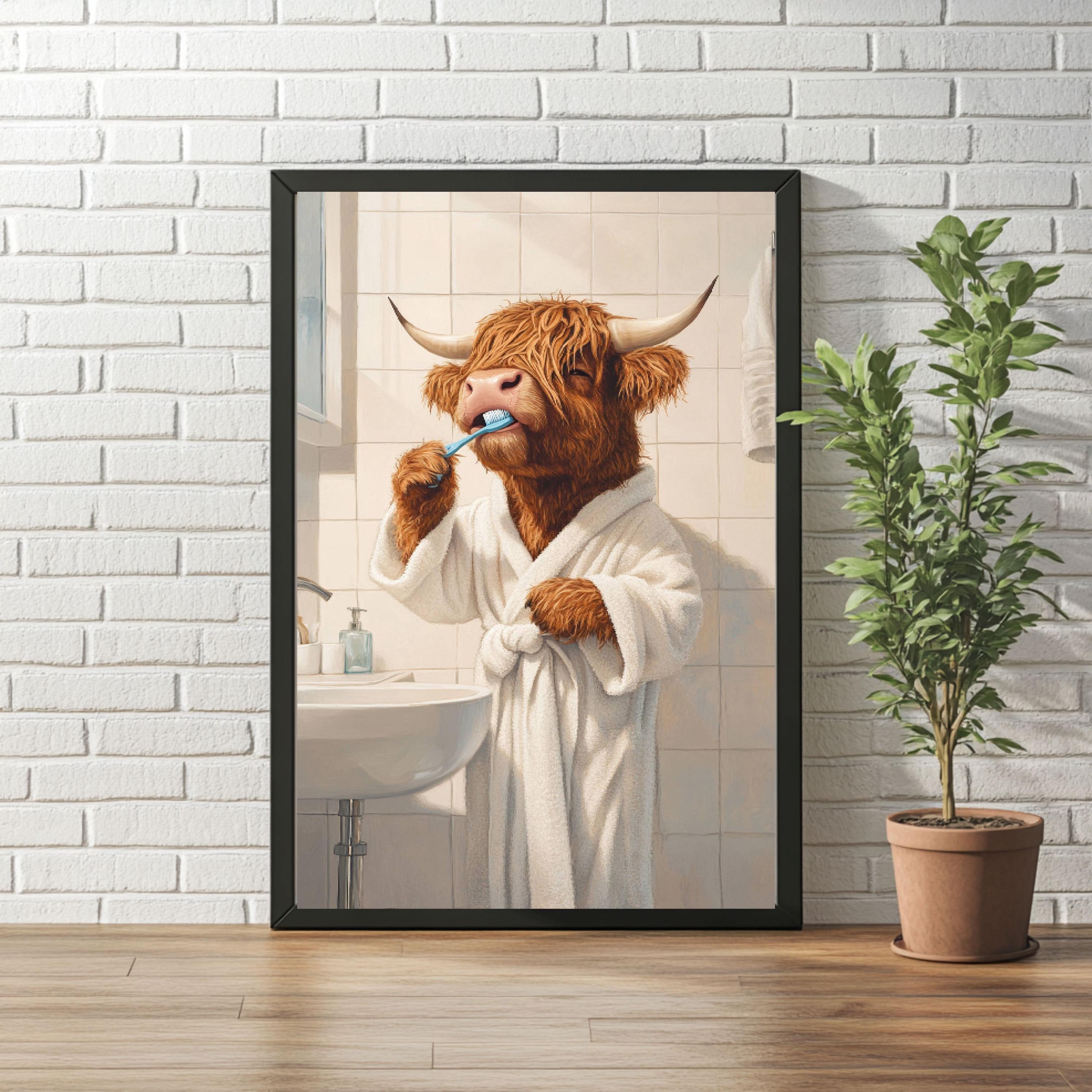 Highland Cow Brushing Teeth Bathroom Wall Art Funny Animal Print ...