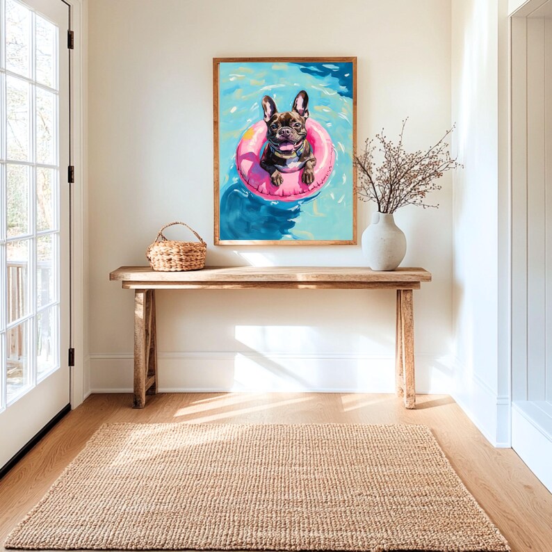 Dog Art Prints Frenchie Print Pool House Decor Funny Pet Portrait ...
