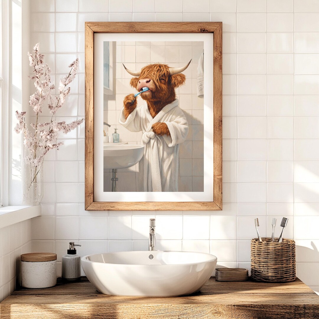 Highland Cow Brushing Teeth Bathroom Wall Art Funny Animal Print ...