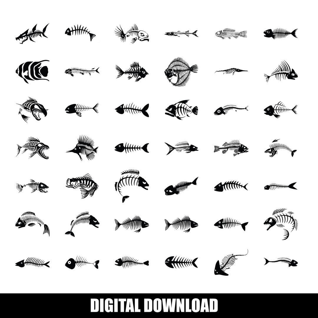 Fish Skeleton SVG Bundle: Fishing Clipart, Cricut Silhouette Cut Files ...