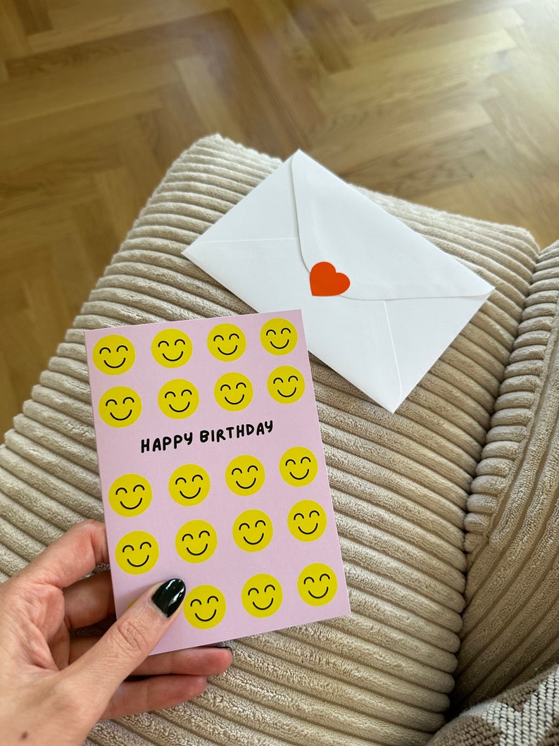 Pink Smiley Face Birthday Card | Handmade Greeting Card With Envelope ...