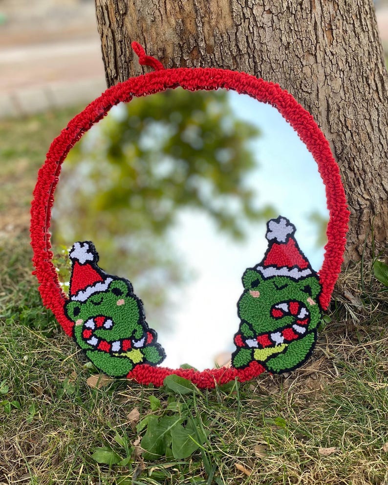 Christmas Frog Wall Mirror, Punch Needle, Xmas Home Decor, New Year ...