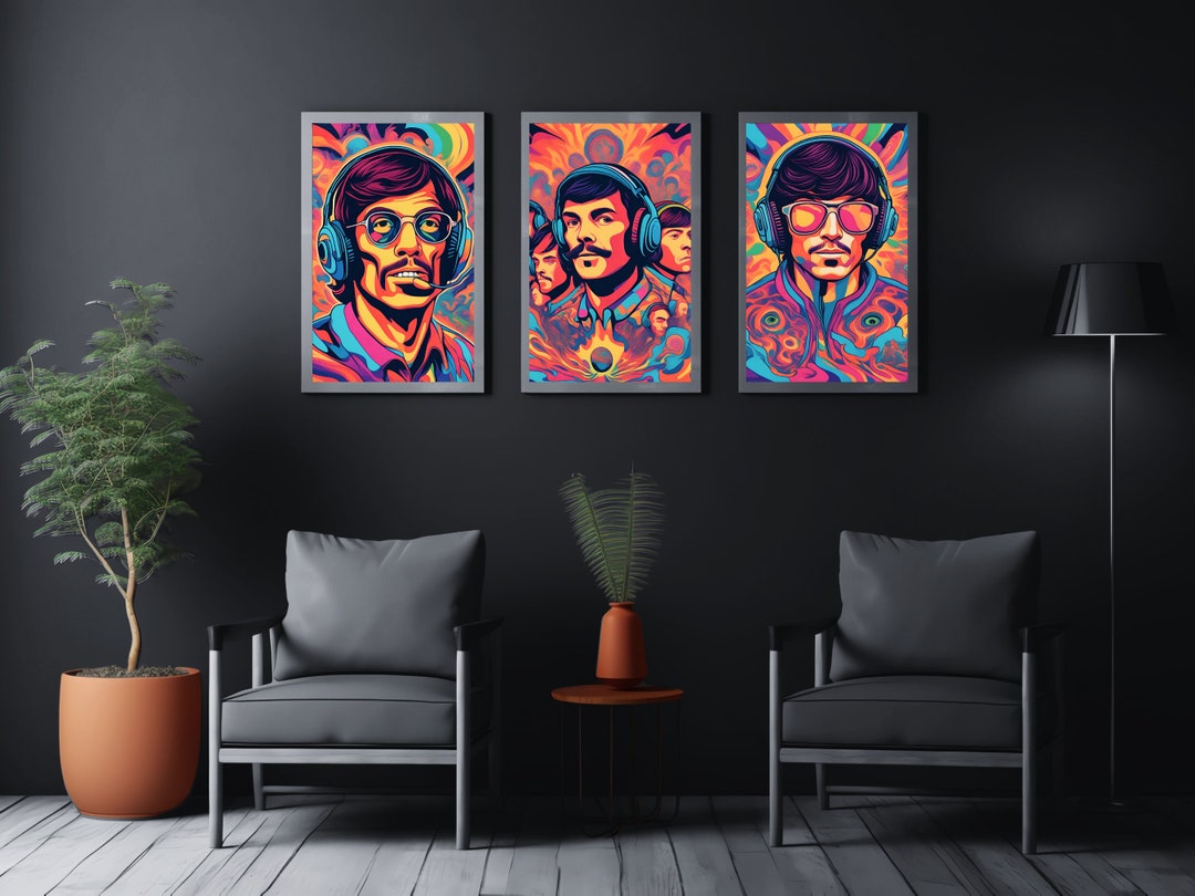 Trippy Men Psychedelic Poster Set, Vibrant Digital AI Art Prints, 3 ...