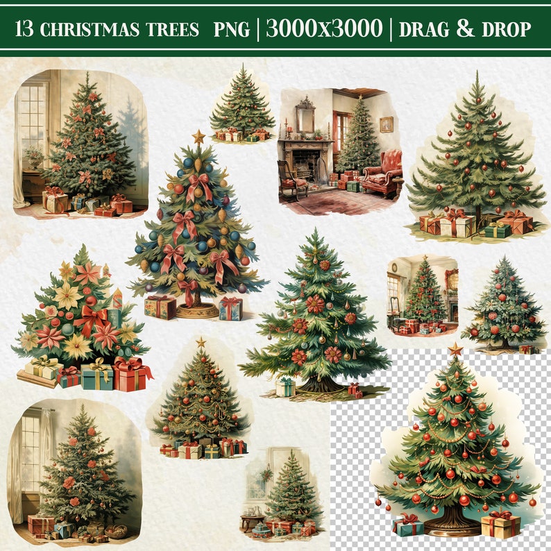 Vintage Christmas Clipart Bundle, 100 PNG Cliparts for Commercial Use ...