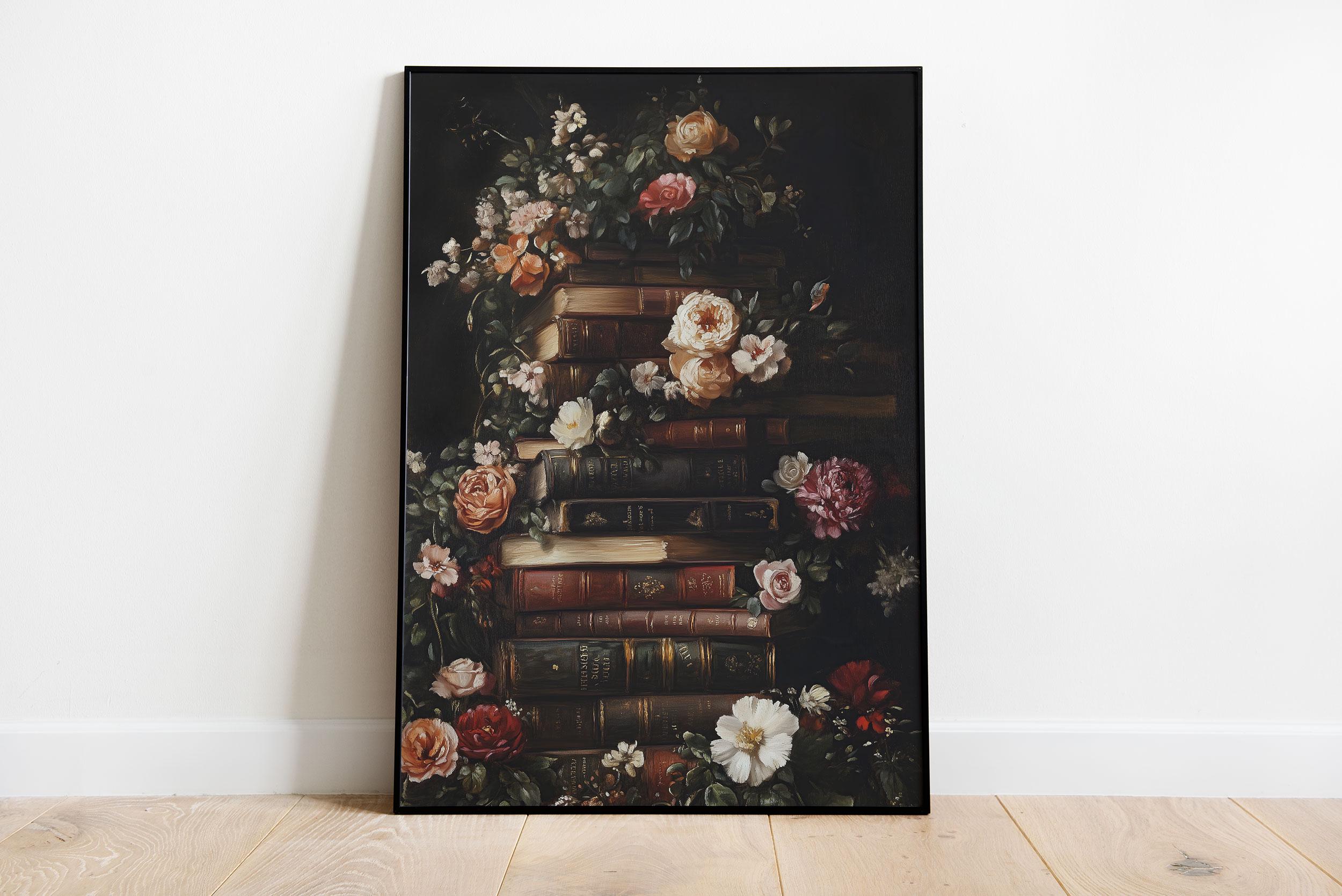 Vintage Books With Flowers, Dark Cottagecore, Dark Academia Print ...