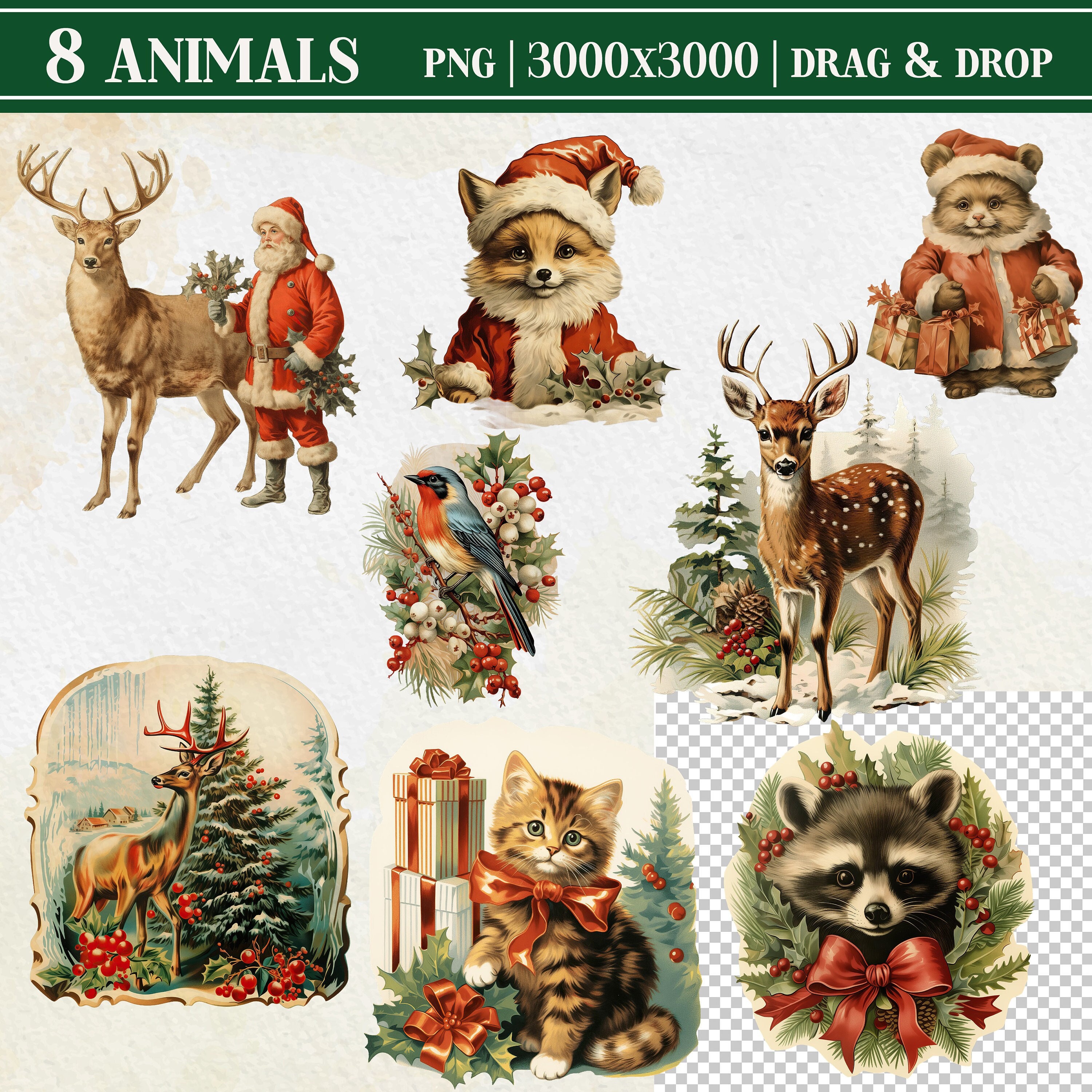 Vintage Christmas Clipart Bundle, 100 PNG Cliparts for Commercial Use ...