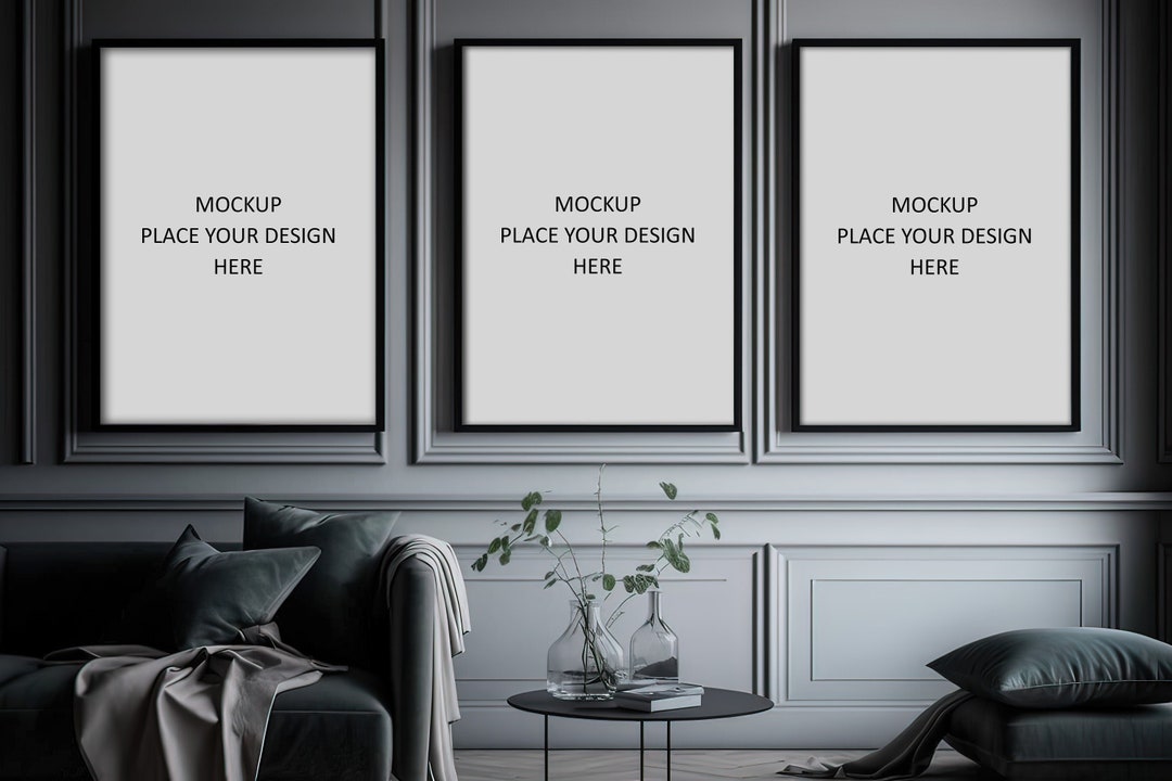 Three Frames Mockup in Beautiful Living Room, 3 Frames Mockup, 3 Print ...