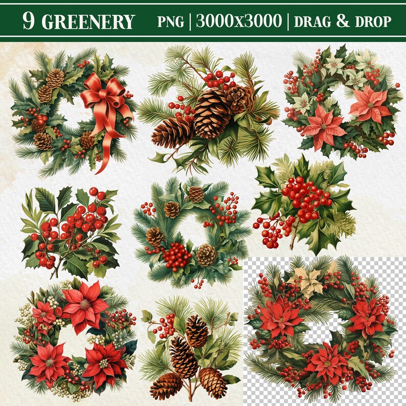 Vintage Christmas Clipart Bundle, 100 PNG Cliparts for Commercial Use ...