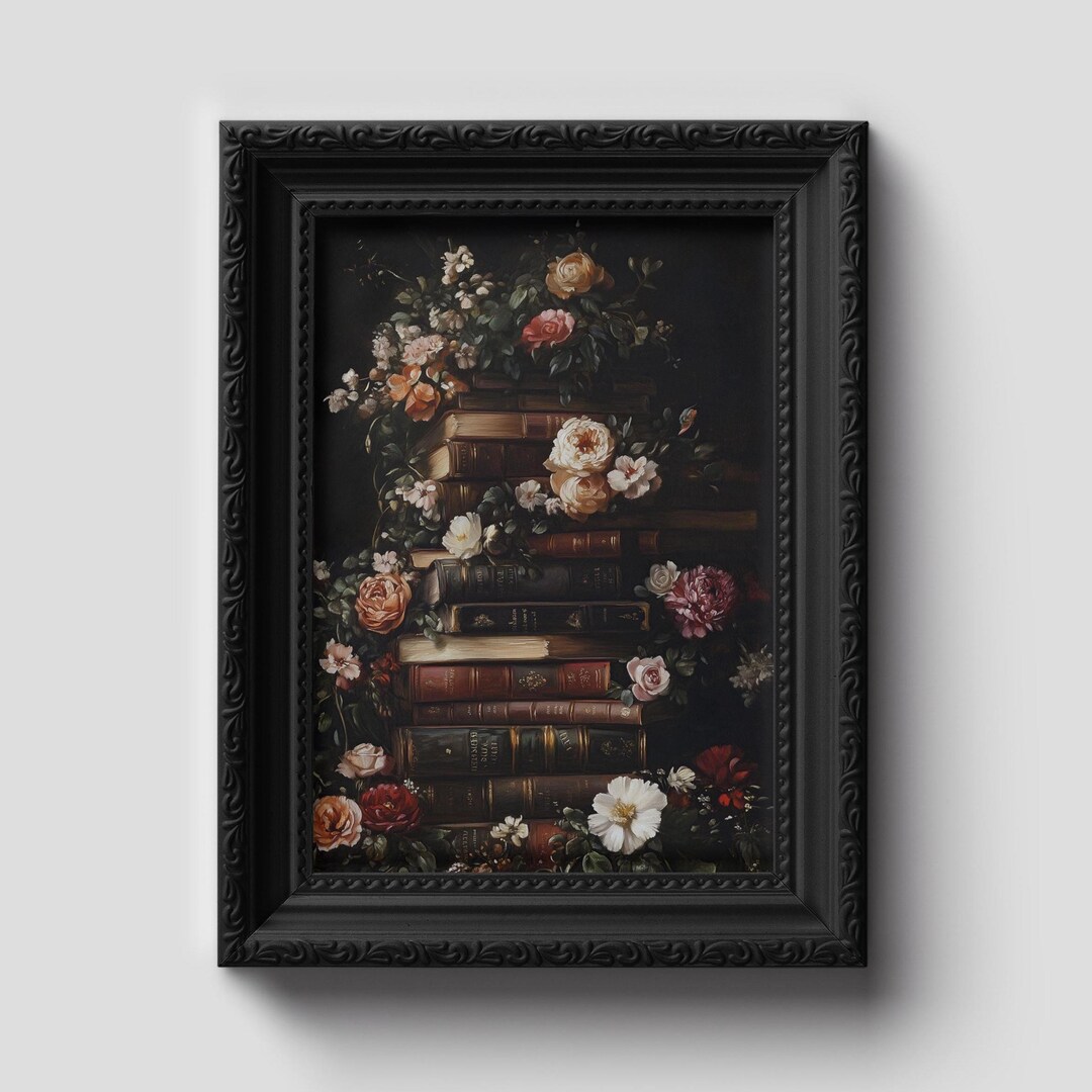 Vintage Books With Flowers, Dark Cottagecore, Dark Academia Print ...