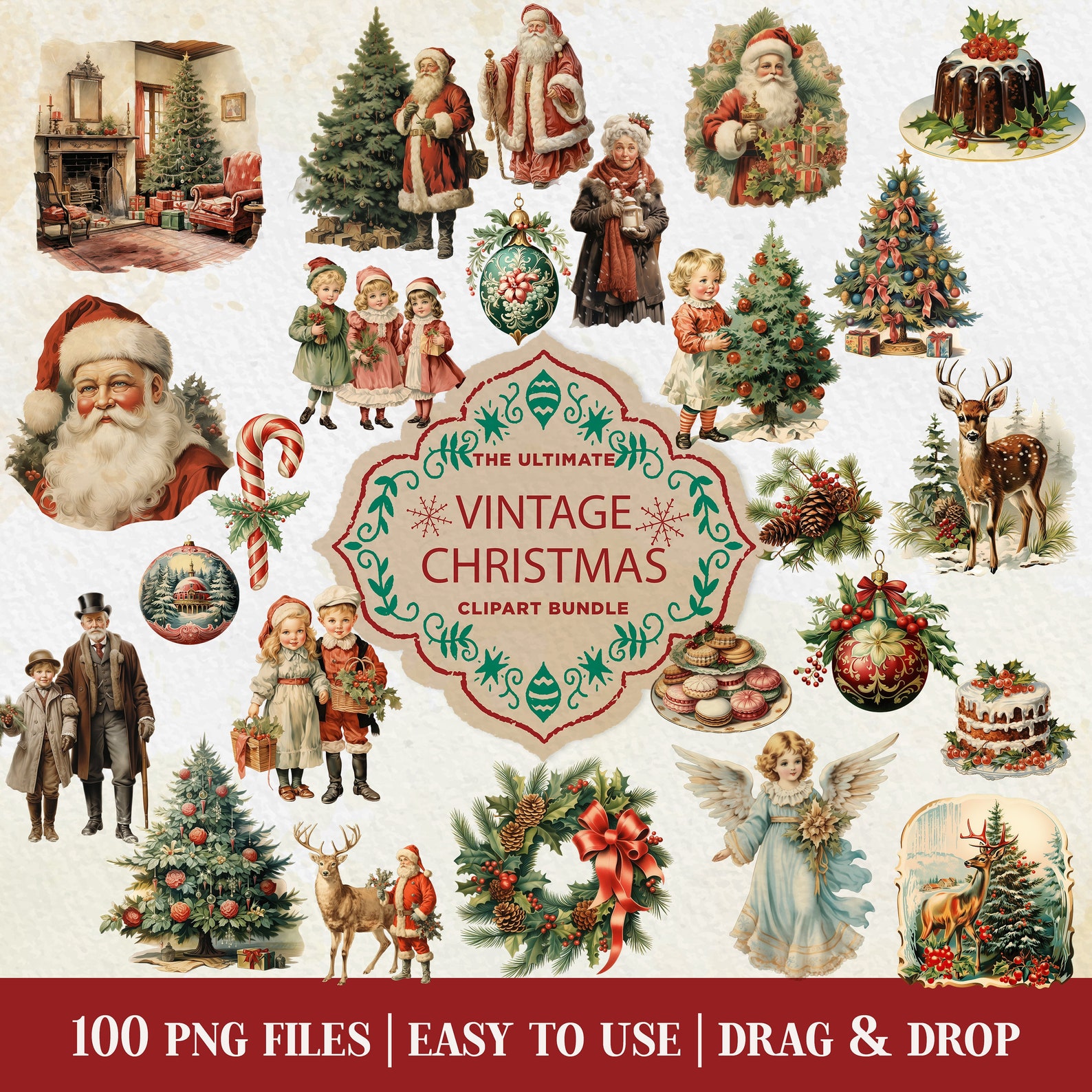 Vintage Christmas Clipart Bundle, 100 PNG Cliparts for Commercial Use ...