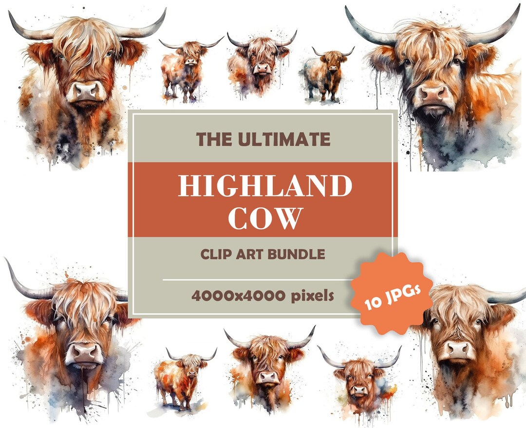 Highland Cow Watercolor Clipart Bundle, 10 Watercolor Jpg Files ...