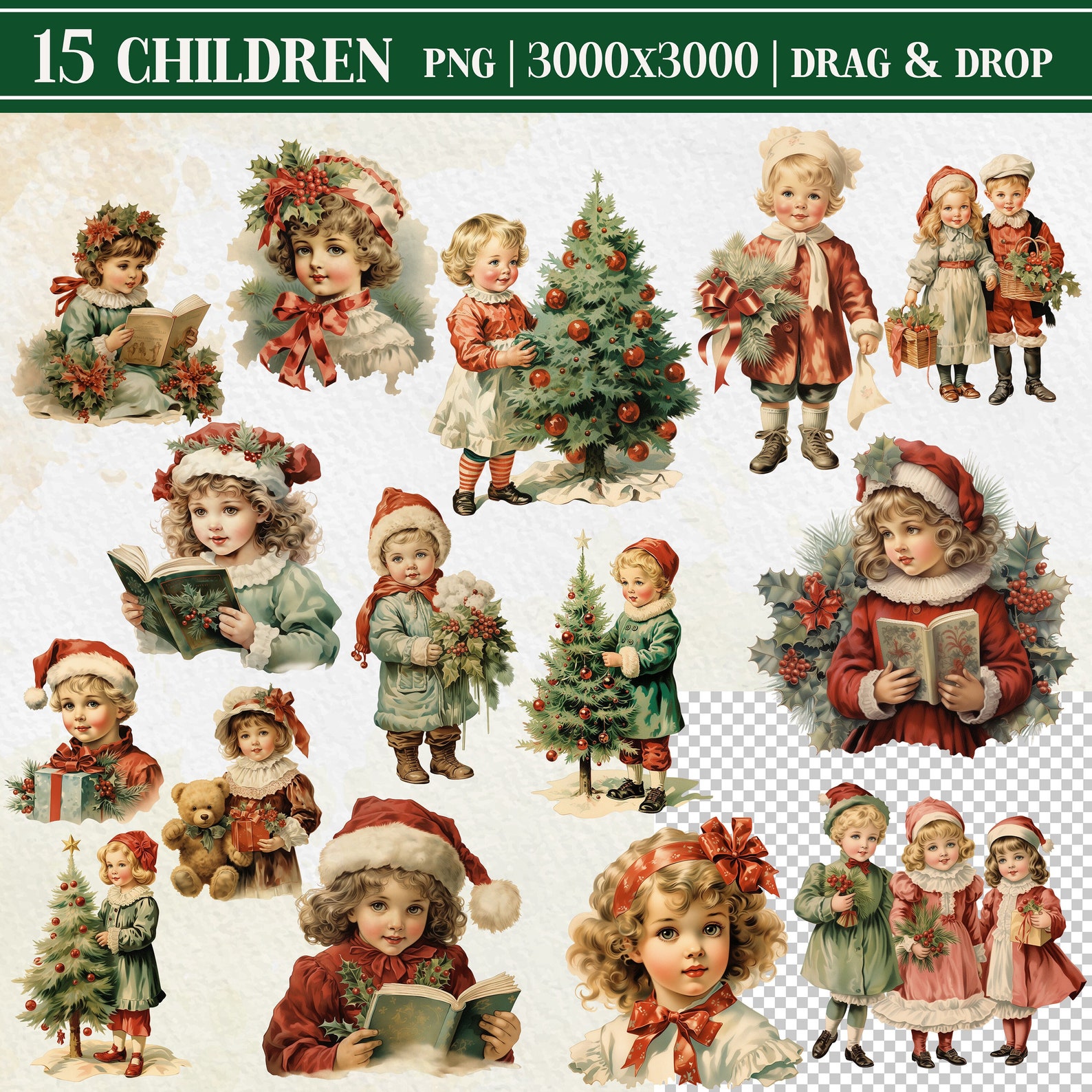 Vintage Christmas Clipart Bundle, 100 PNG Cliparts for Commercial Use ...