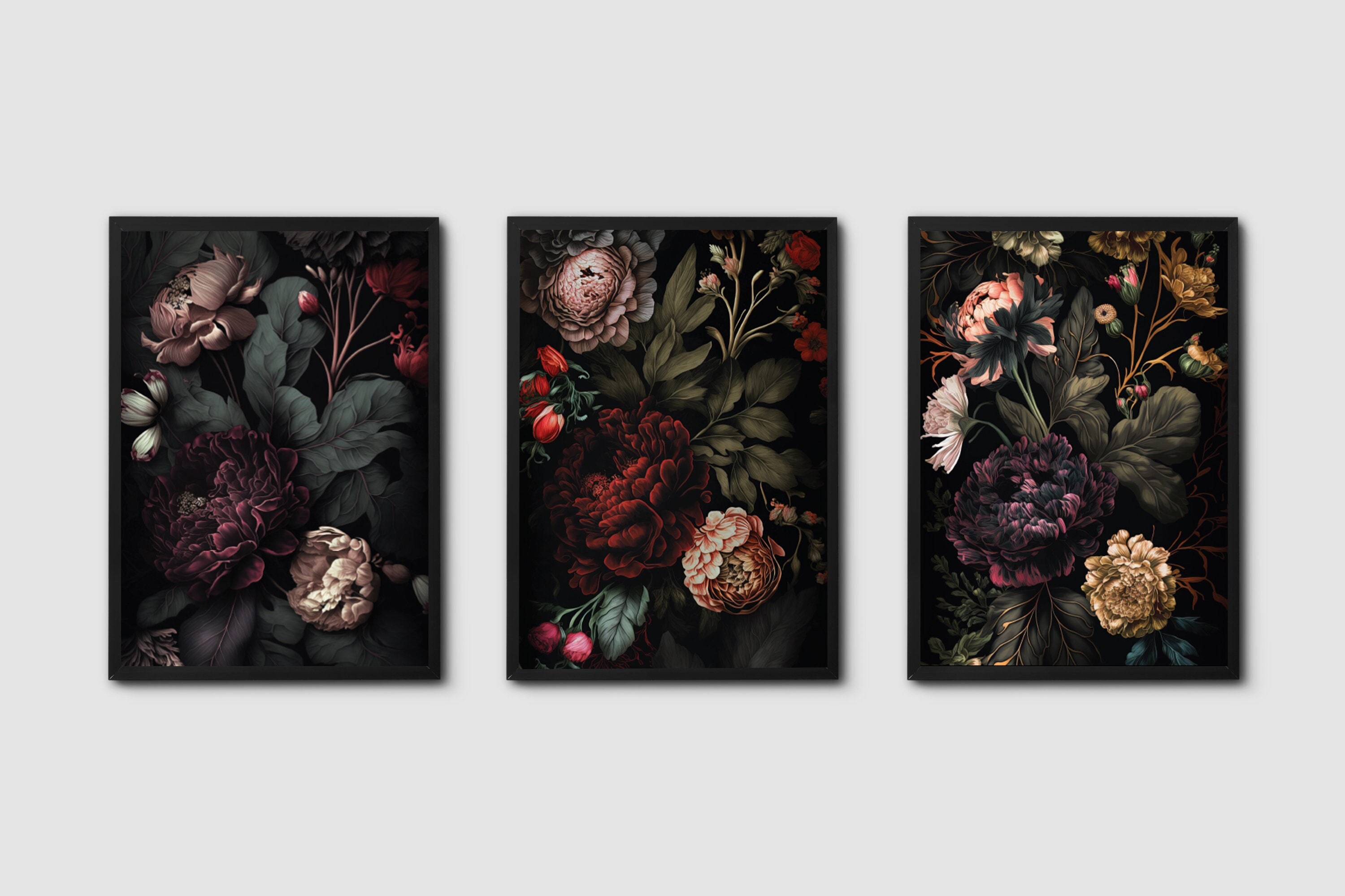 Dark Floral Wall Art Set, Moody Floral Art Gallery, Set of 3 Dark ...