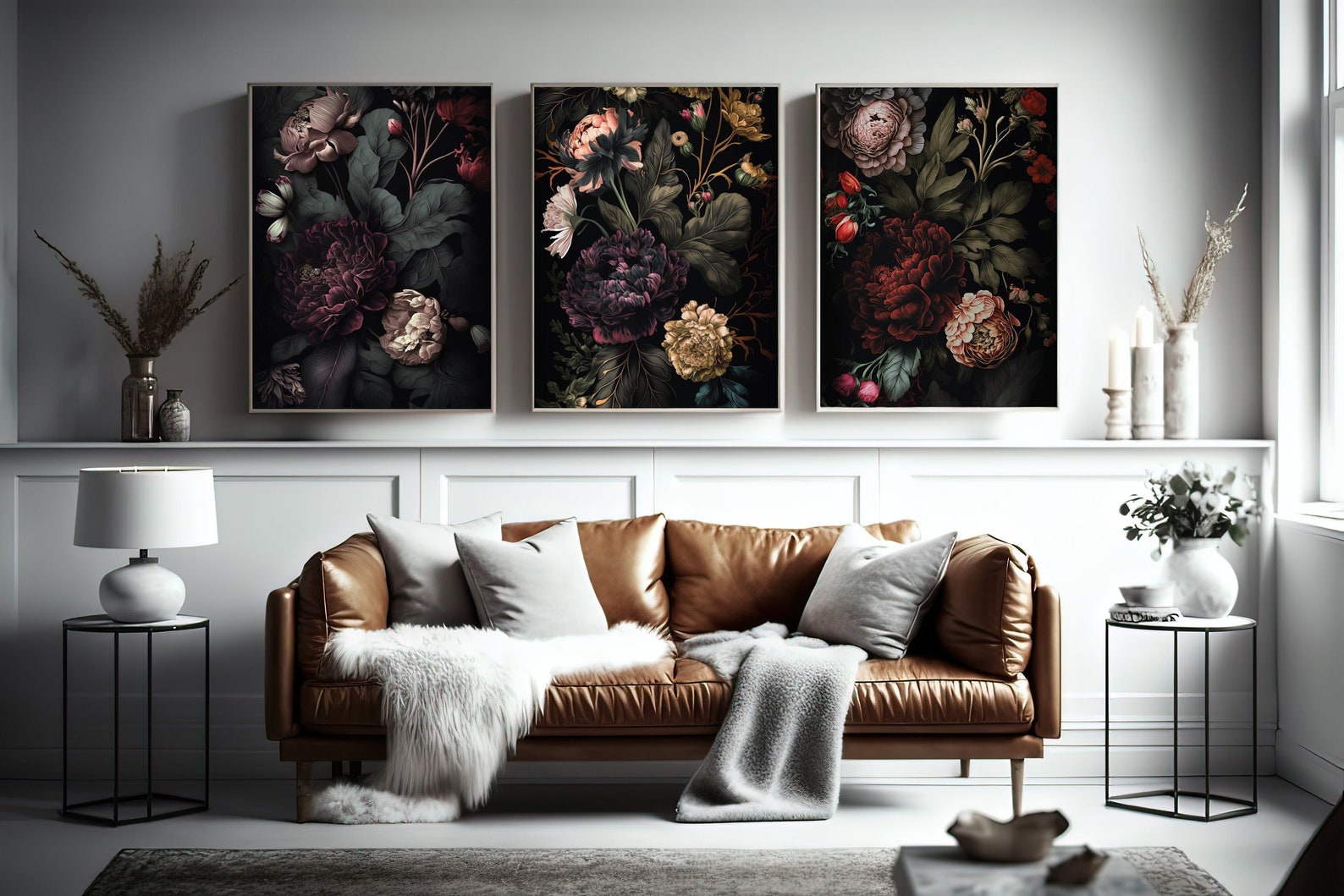 Dark Floral Wall Art Set, Moody Floral Art Gallery, Set of 3 Dark ...