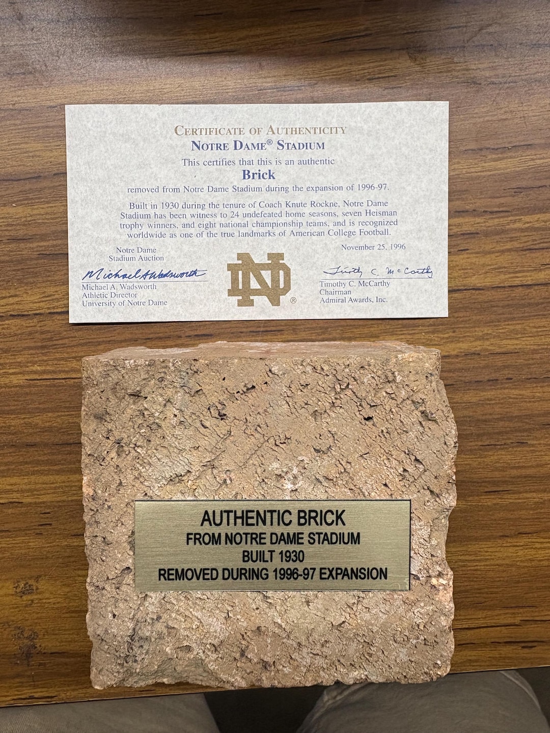 Authentic Notre Dame Football Stadium Brick From 1996-97 Expansion W ...