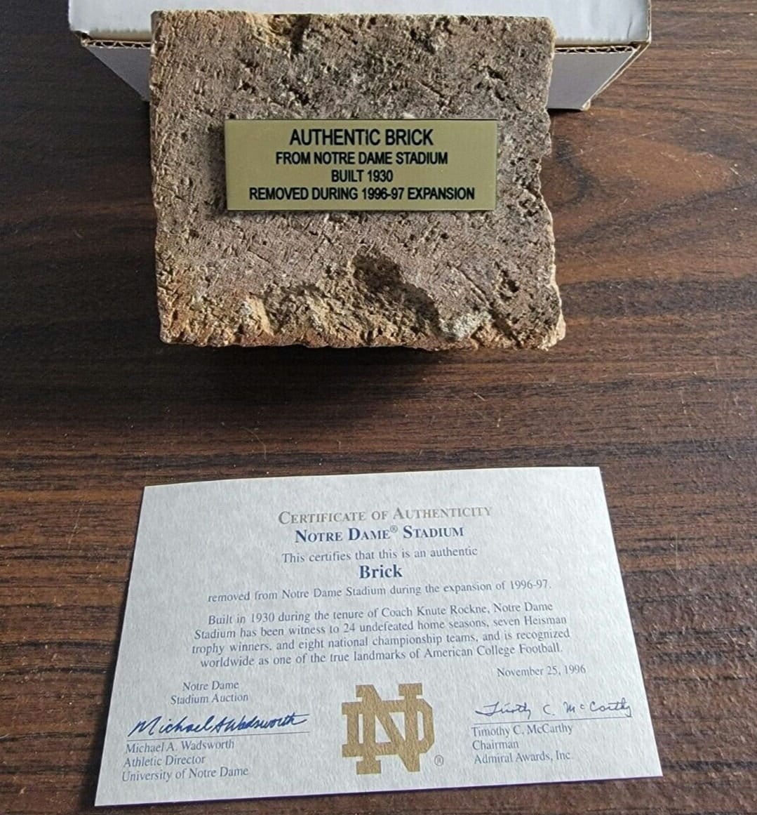 Authentic Notre Dame Football Stadium Brick From 1996-97 Expansion W ...