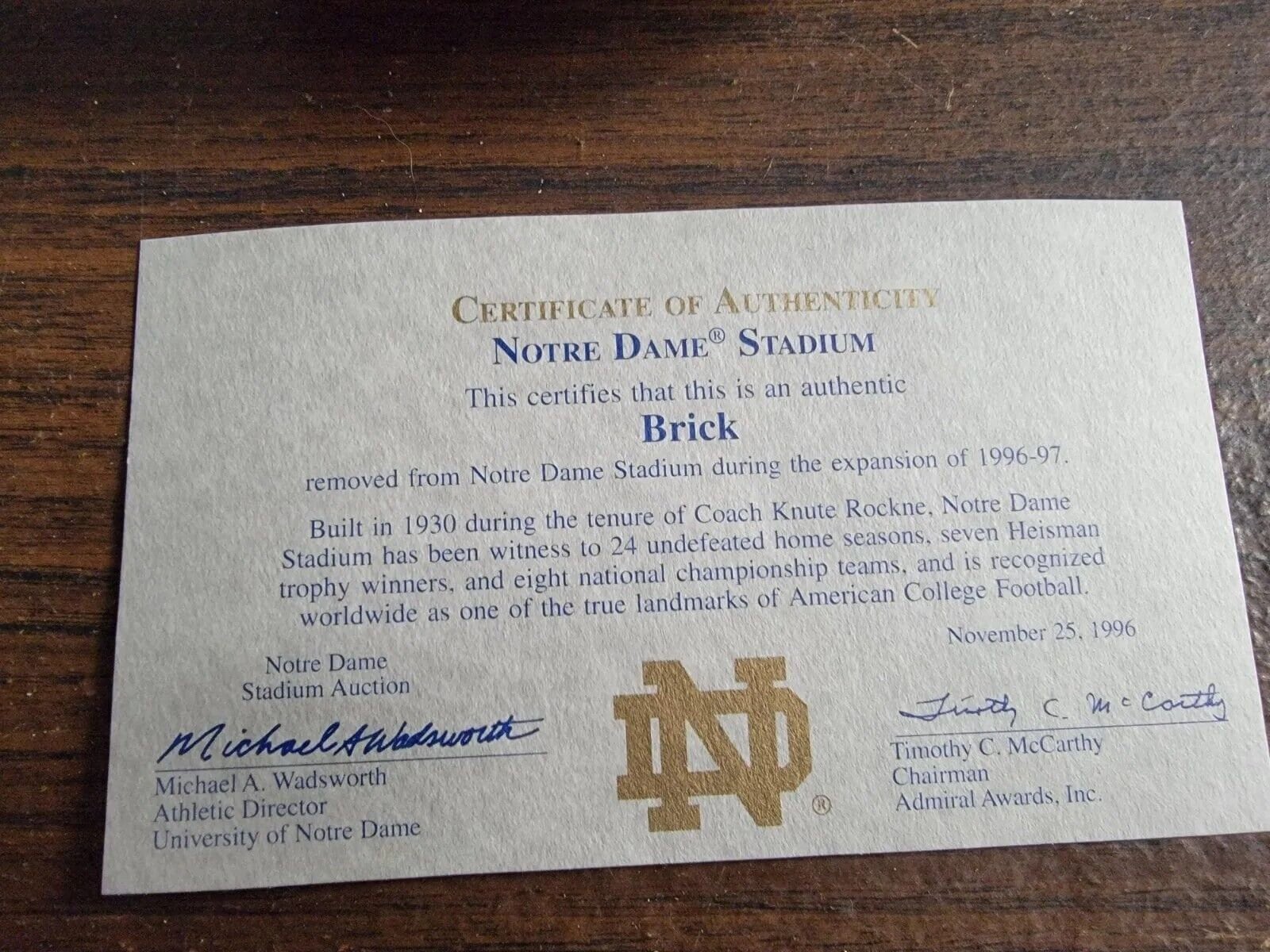 Authentic Notre Dame Football Stadium Brick From 1996-97 Expansion W ...