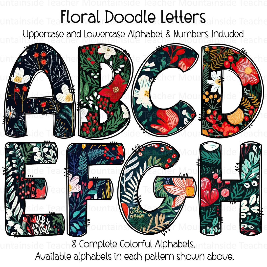 Floral Doodle Letters, Doodle Alphabet, PNG Bundle, Doodle Sublimation ...