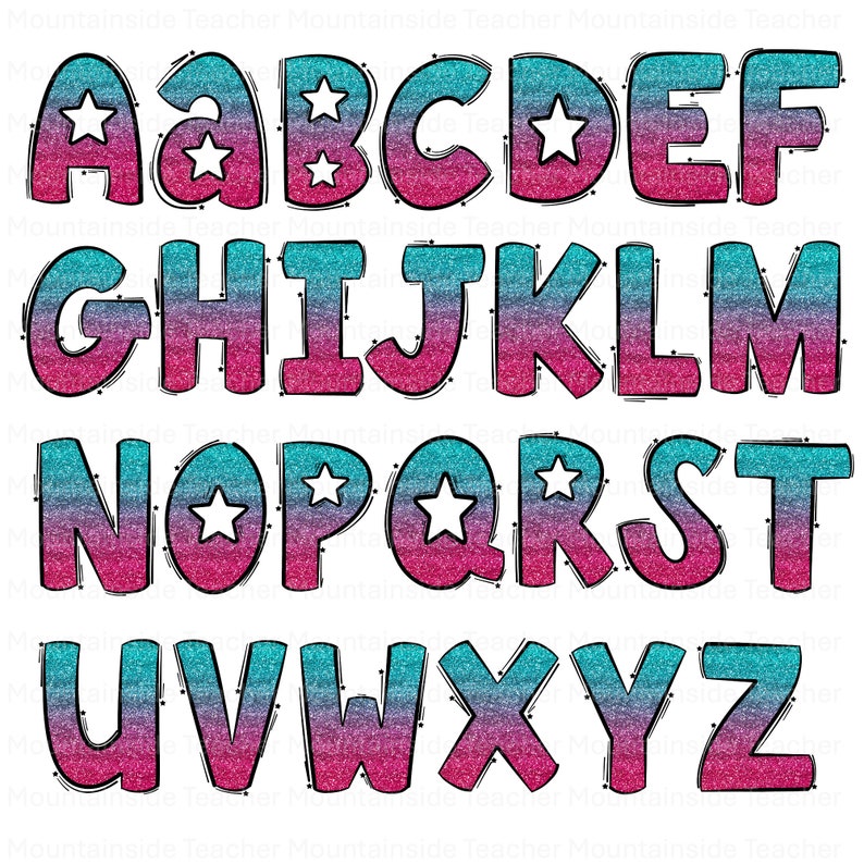 Faded Glitter Letters, Bright Doodle Alphabet, PNG Bundle, Doodle ...