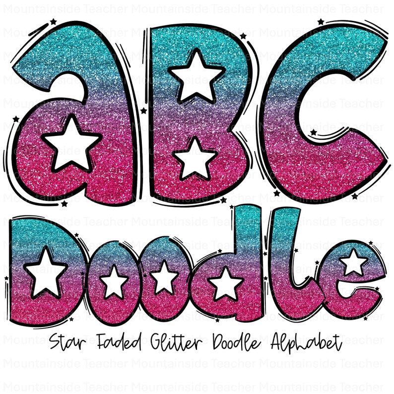 Faded Glitter Letters, Bright Doodle Alphabet, PNG Bundle, Doodle ...