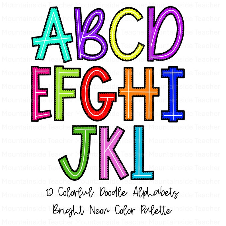 Single Center Line Letters, Bright Doodle Alphabet, PNG Bundle ...