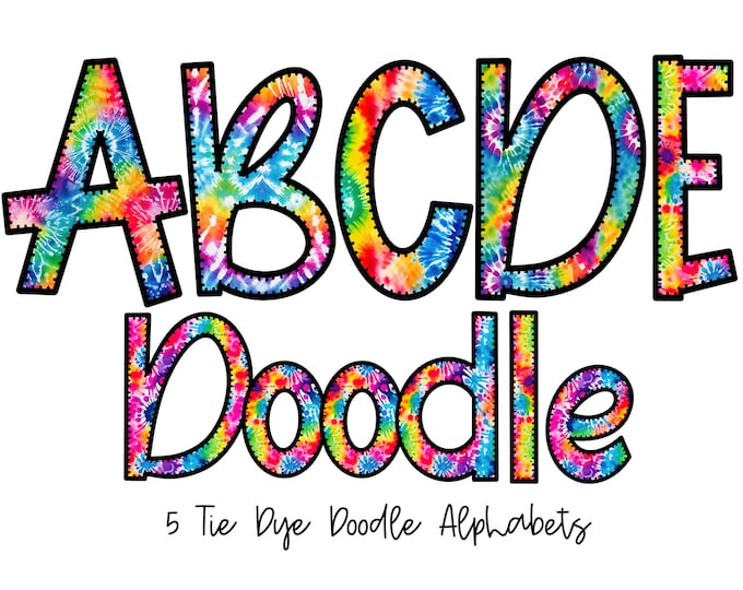 Tie Dye Letters, Bright Doodle Alphabet, PNG Bundle, Doodle Sublimation ...