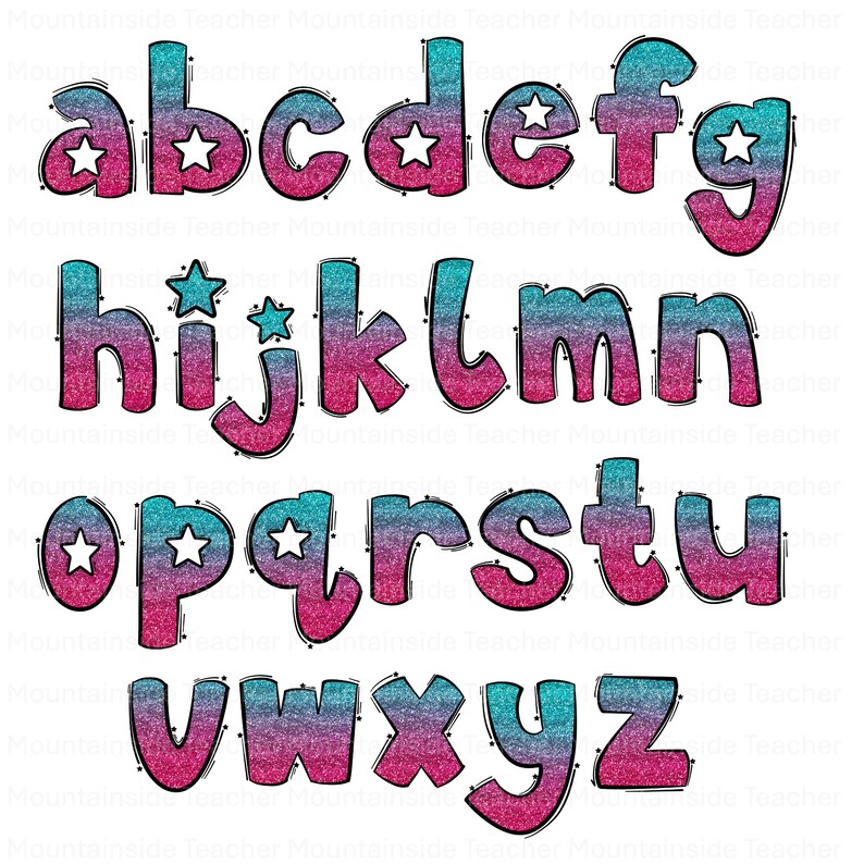 Faded Glitter Letters, Bright Doodle Alphabet, PNG Bundle, Doodle ...