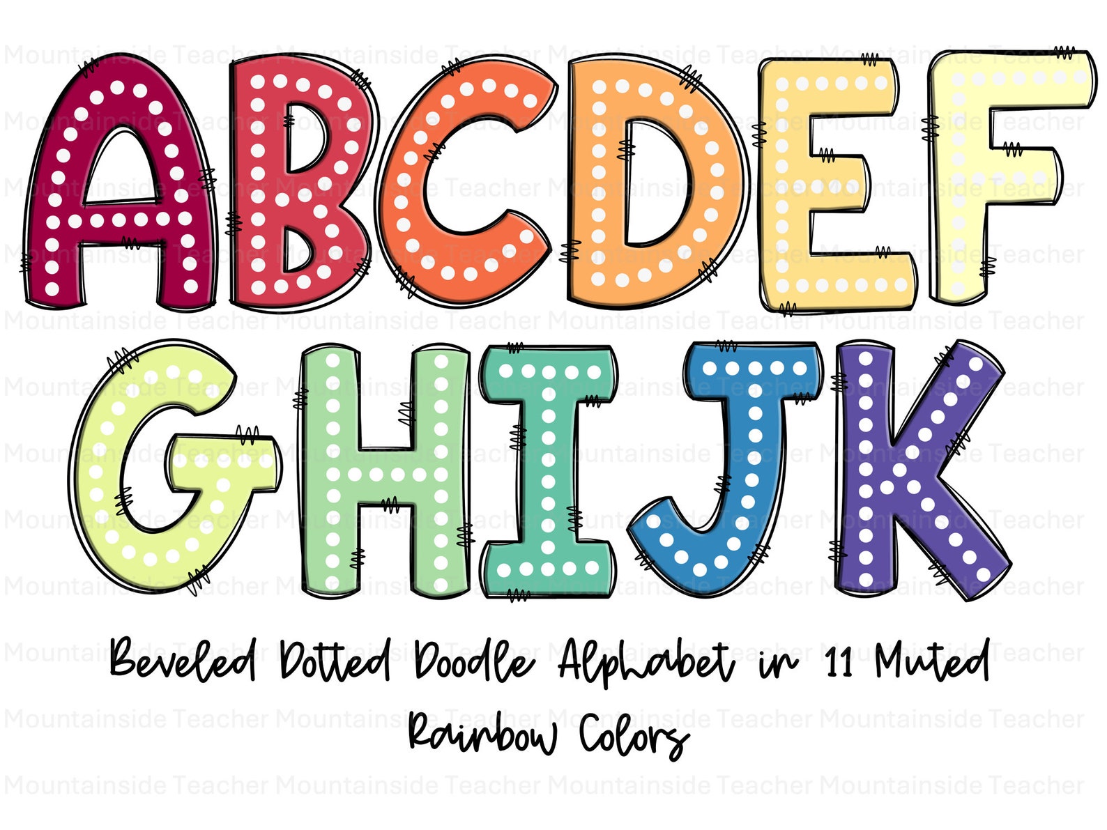 Dotted Muted Rainbow Letters, Beveled Alphabet, PNG, Doodle Sublimation ...