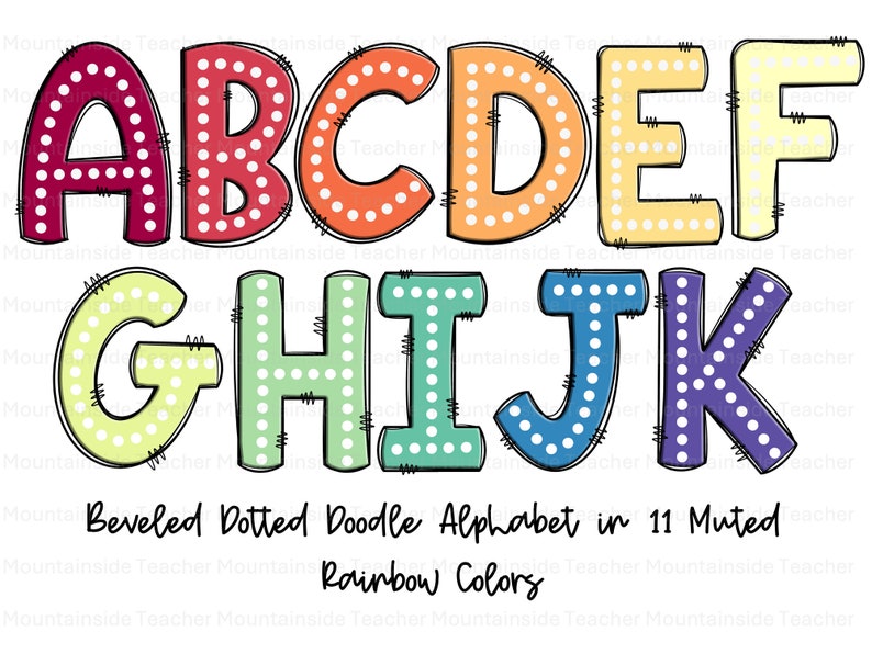 Dotted Muted Rainbow Letters, Beveled Alphabet, PNG, Doodle Sublimation ...