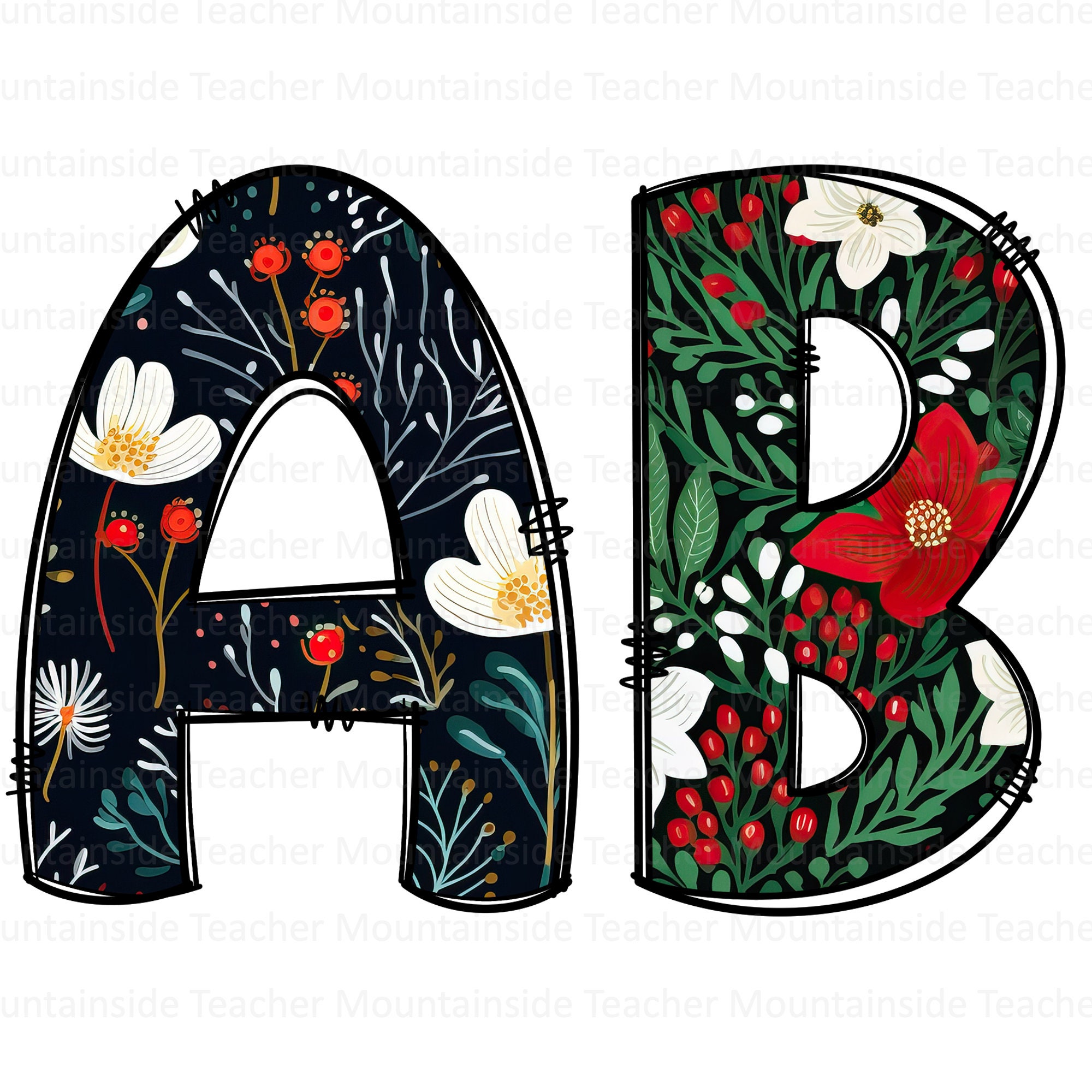 Floral Doodle Letters, Doodle Alphabet, PNG Bundle, Doodle Sublimation ...
