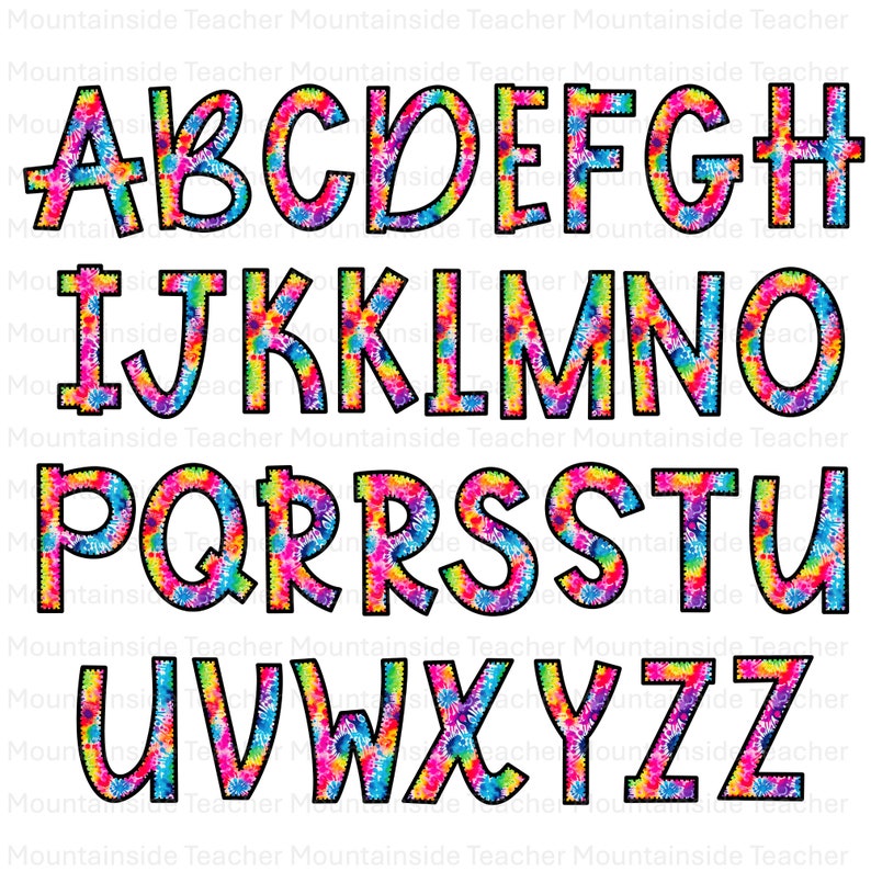 Tie Dye Letters, Bright Doodle Alphabet, PNG Bundle, Doodle Sublimation ...