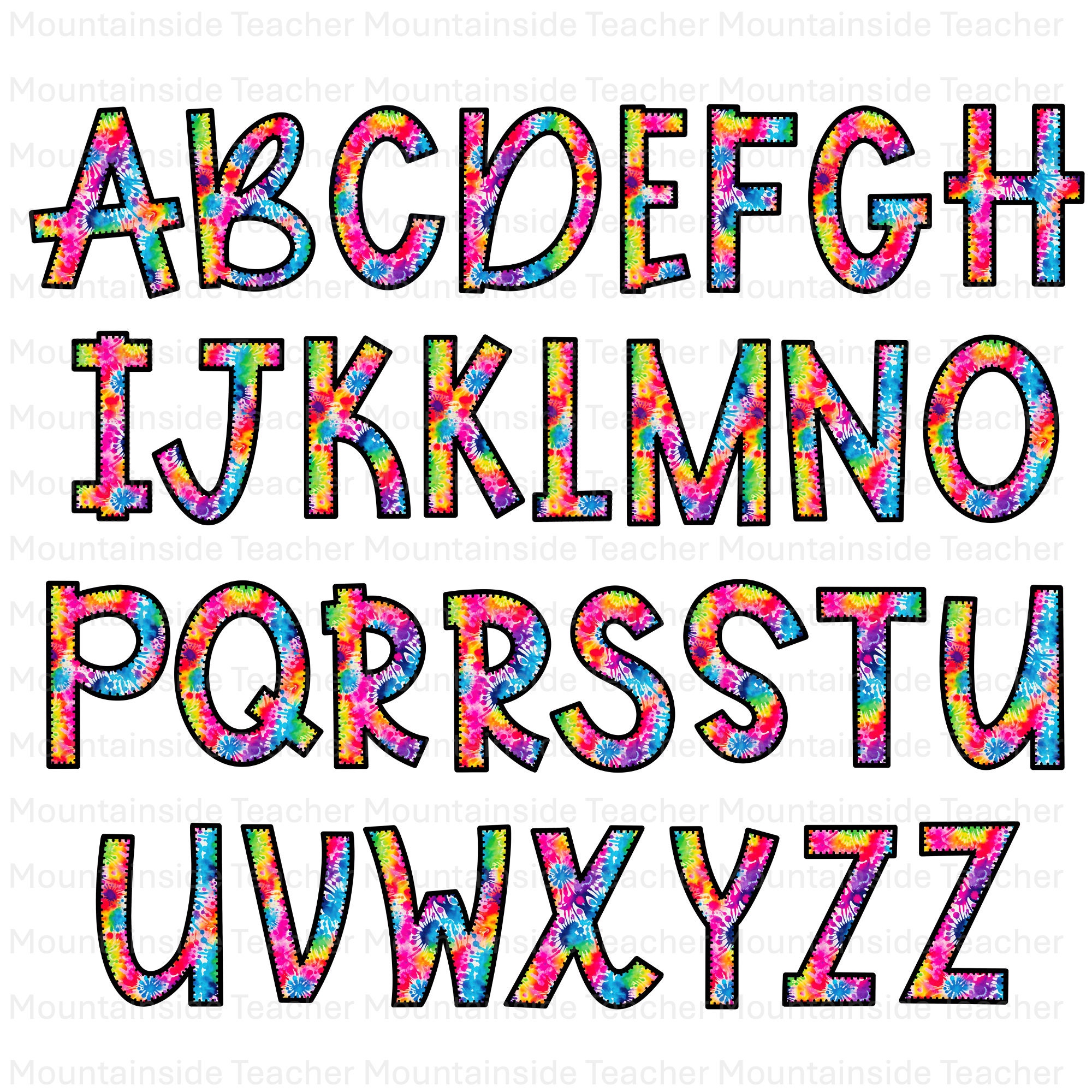 Tie Dye Letters, Bright Doodle Alphabet, PNG Bundle, Doodle Sublimation ...