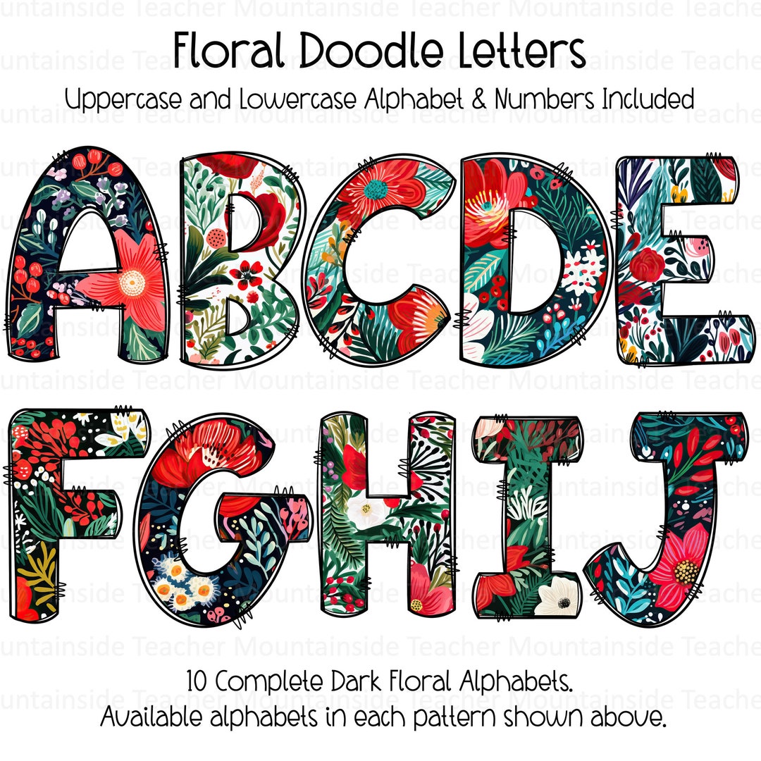 Floral Doodle Letters, Doodle Alphabet, PNG Bundle, Doodle Sublimation ...