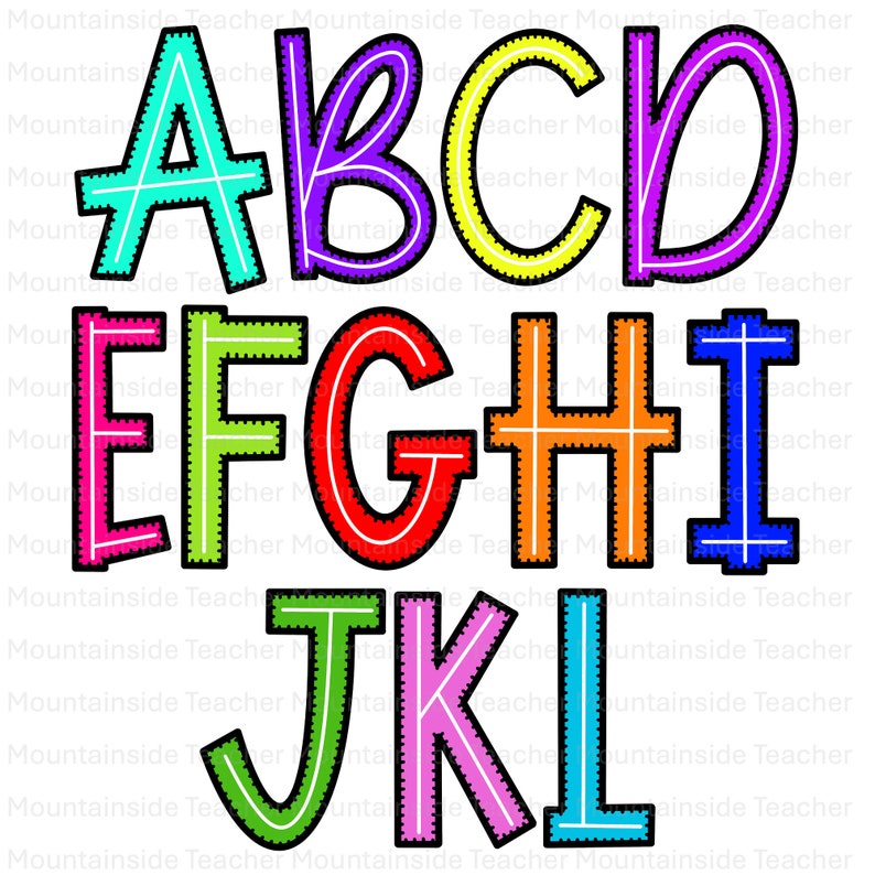 Single Center Line Letters, Bright Doodle Alphabet, PNG Bundle ...