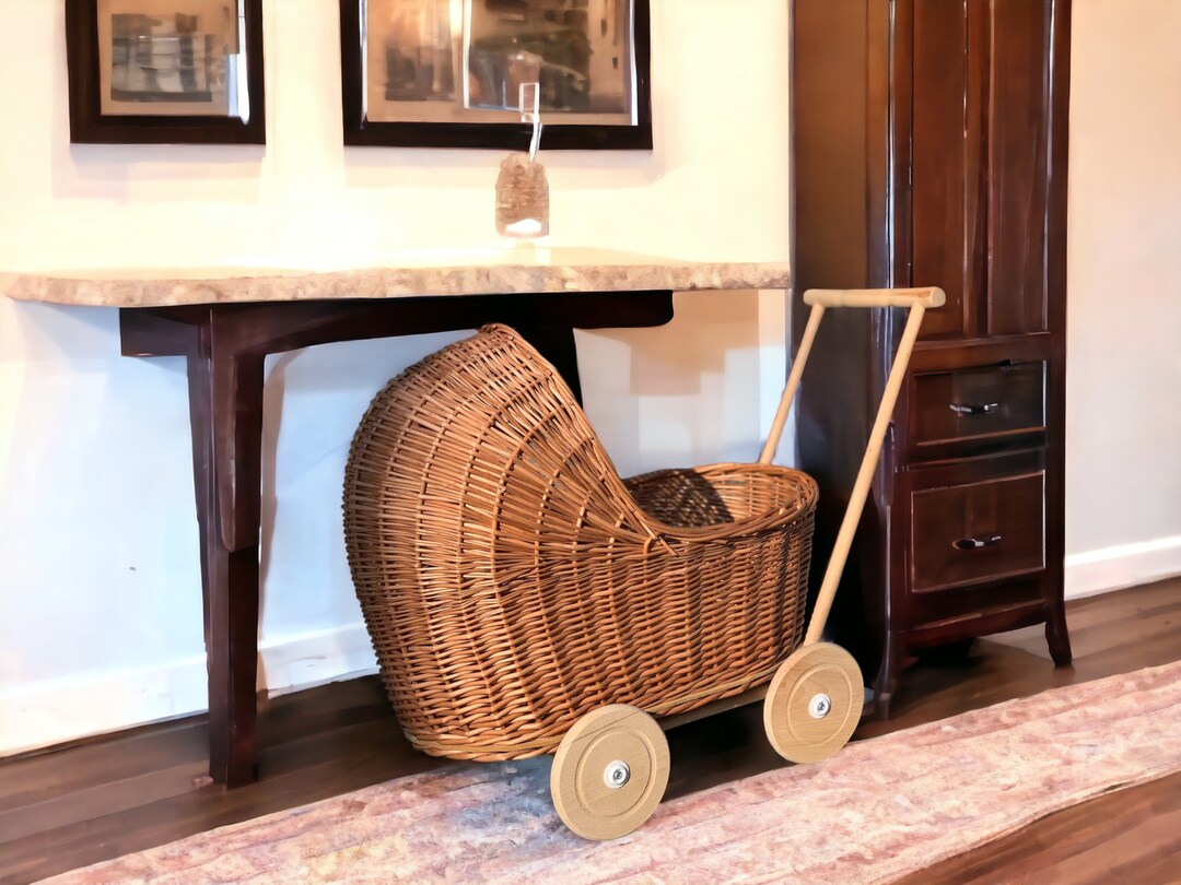 Wicker Bassinet, Small Doll Stroller, Wooden Baby Carriage, Baby Doll ...