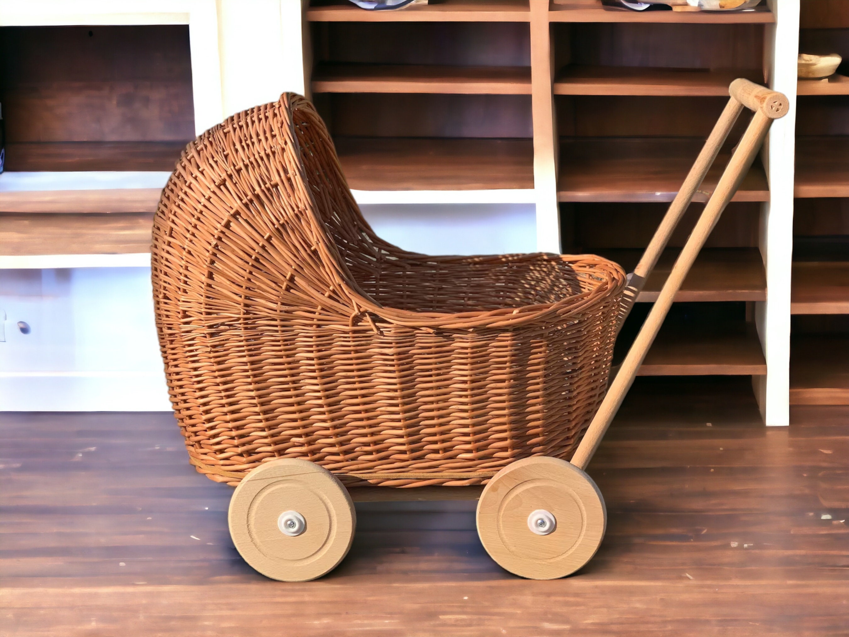 Wicker Bassinet, Small Doll Stroller, Wooden Baby Carriage, Baby Doll ...