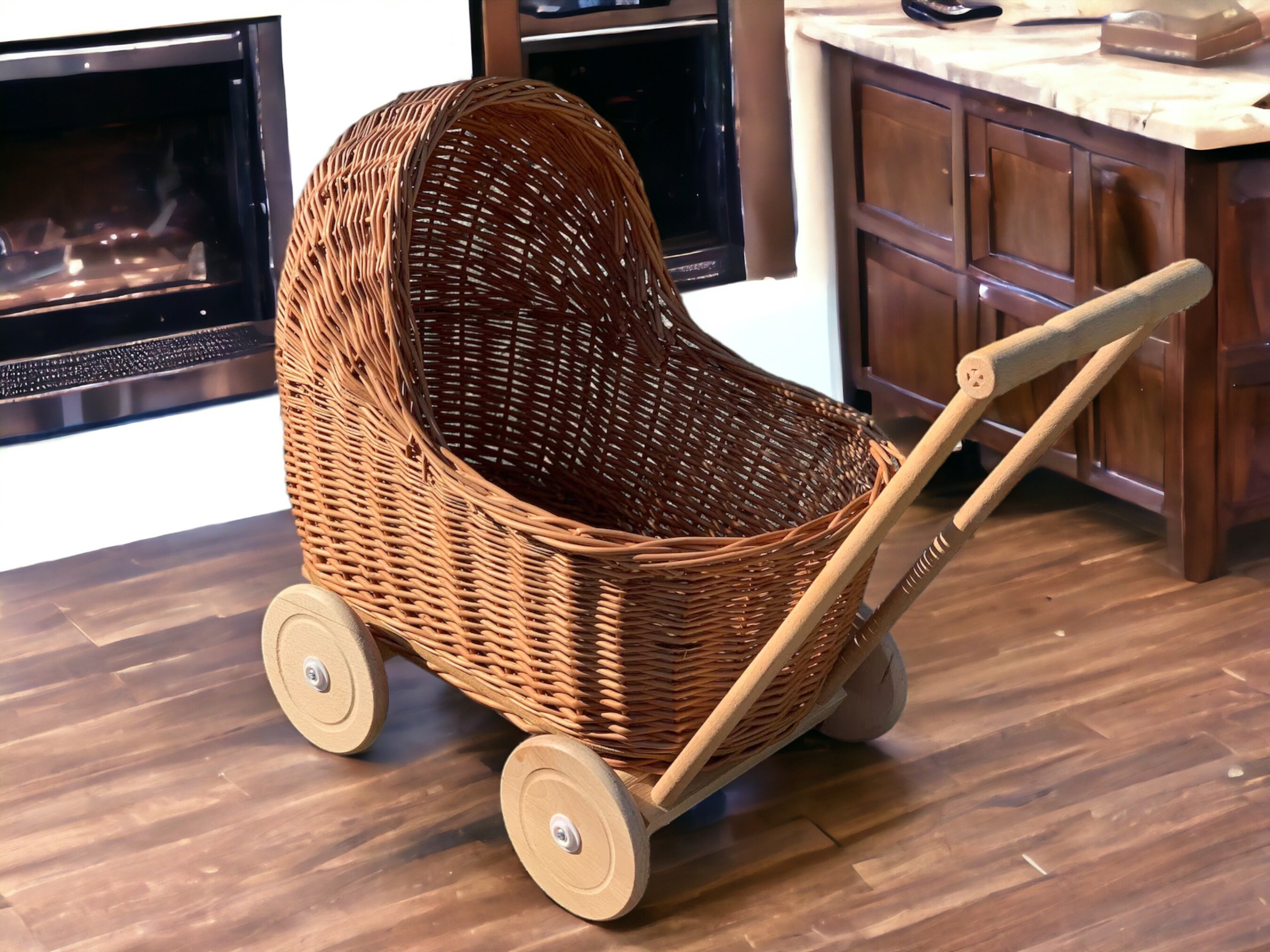 Wicker Bassinet, Small Doll Stroller, Wooden Baby Carriage, Baby Doll ...