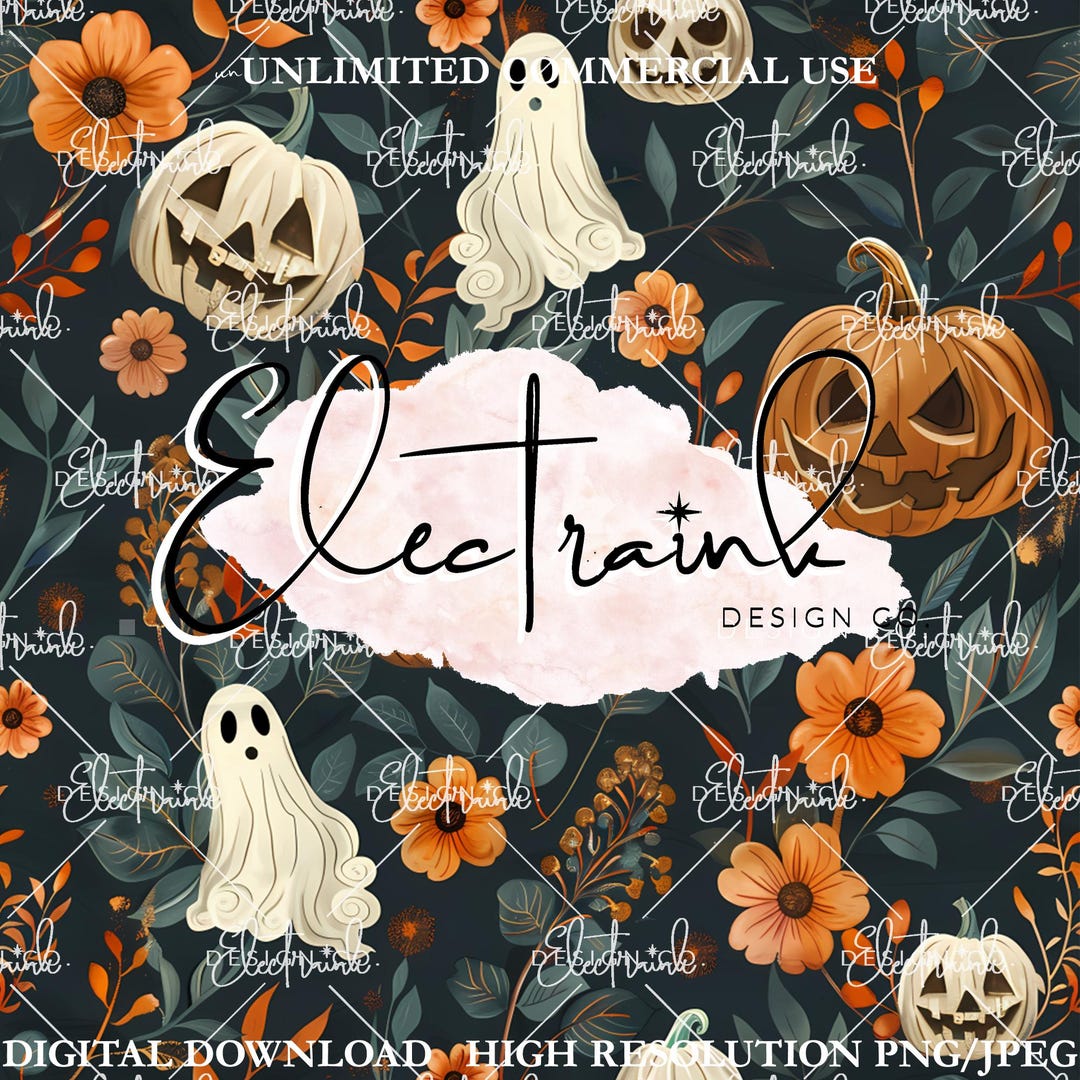 Spooky Cottagecore Seamless Pattern, Ghosts and Pumpkins, Dark Floral ...