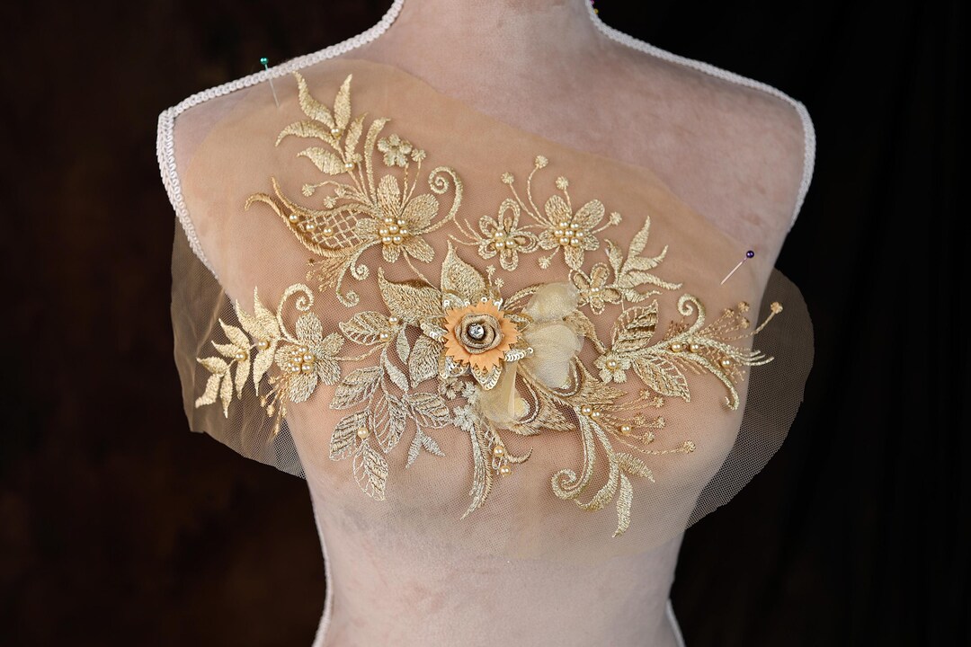 Gold 3d Flower Beaded Applique for Lyrical Dance, Ballet, Illusion ...