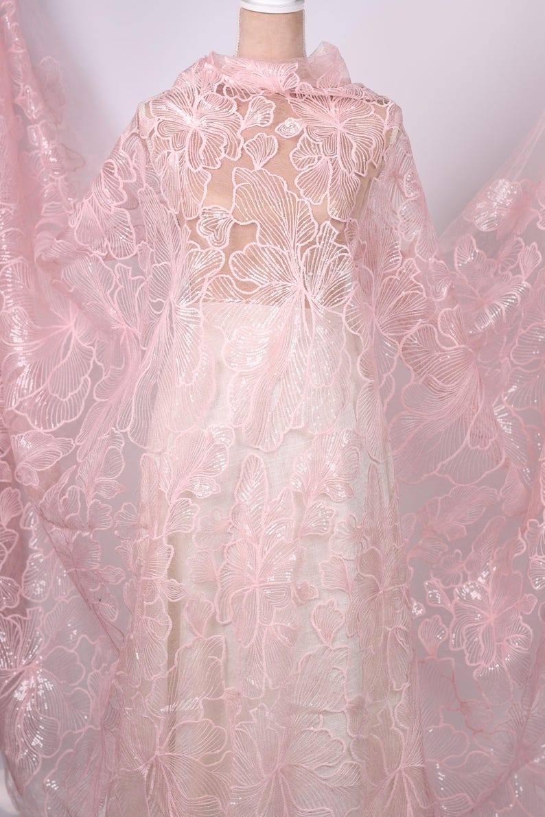 Pink Floral Sequin Lace Fabric – Rosy Bloom Embroidered Mesh - Etsy