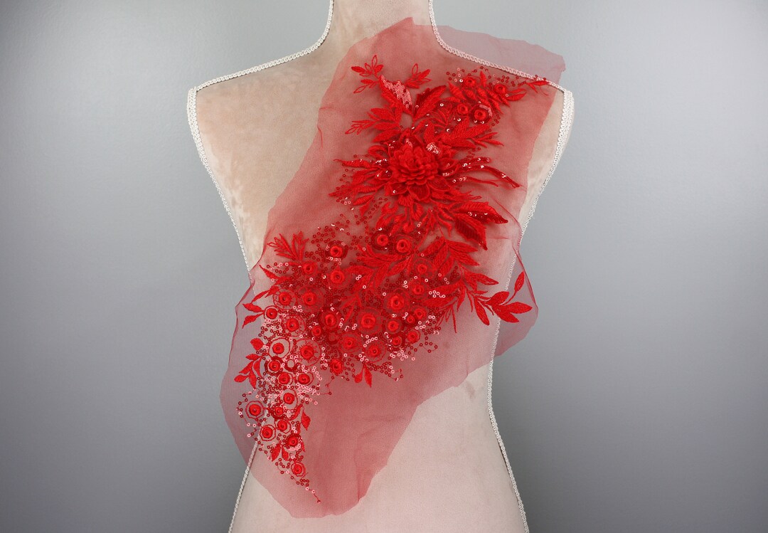 Red Sequined Lace Applique, 3d Flower Embroidery Dress Patch, DIY ...