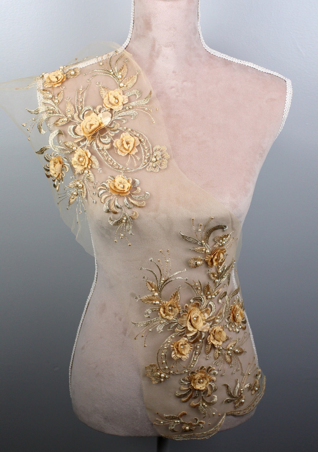 Golden 3d Flowers Beaded Lace Applique, Embroidered Three-dimensional ...