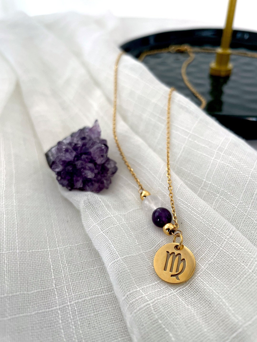 Virgo Zodiac Necklace: Amethyst & Clear Quartz Charm on Gold-plated ...