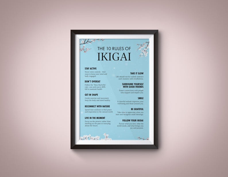 Ikigai Poster Ikagai Print, 10 Rules of Ikigai Wall Art Print for ...