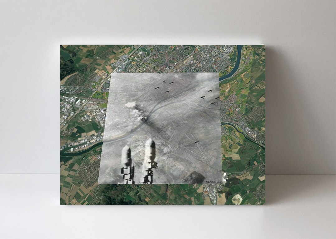 WW2 Canvas Print of Bombs Falling Over Regensburg, Germany & a Stream ...