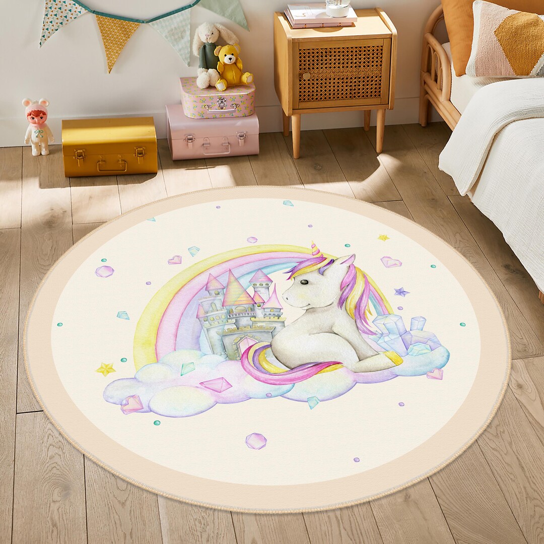 Rainbow Unicorn Round Rug, Custom Name Birthday Mat, Unicorn Kids Rug ...