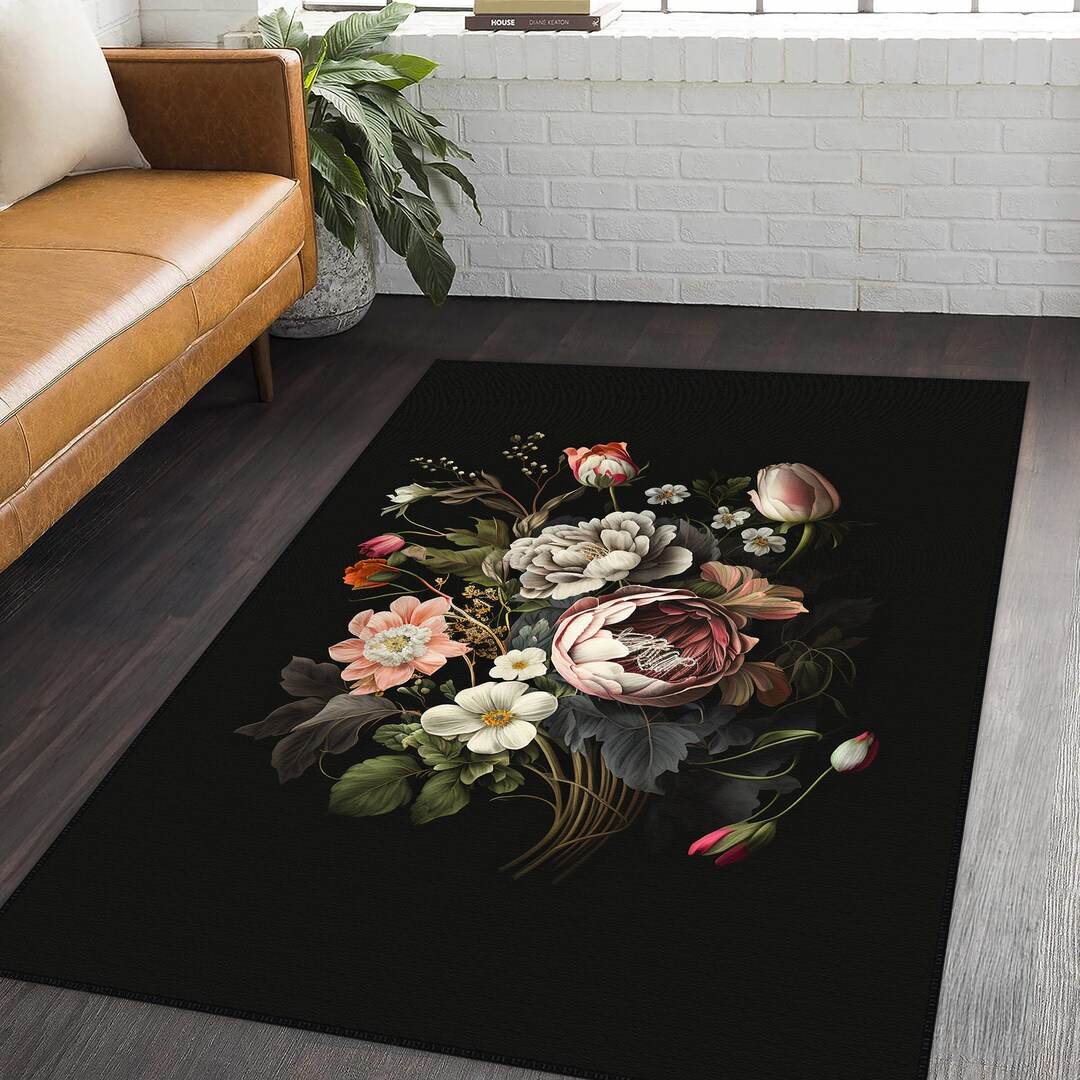 Black Rug, Floral Carpet, Rose Pattern Rug, Leafy Rug, Living Room ...