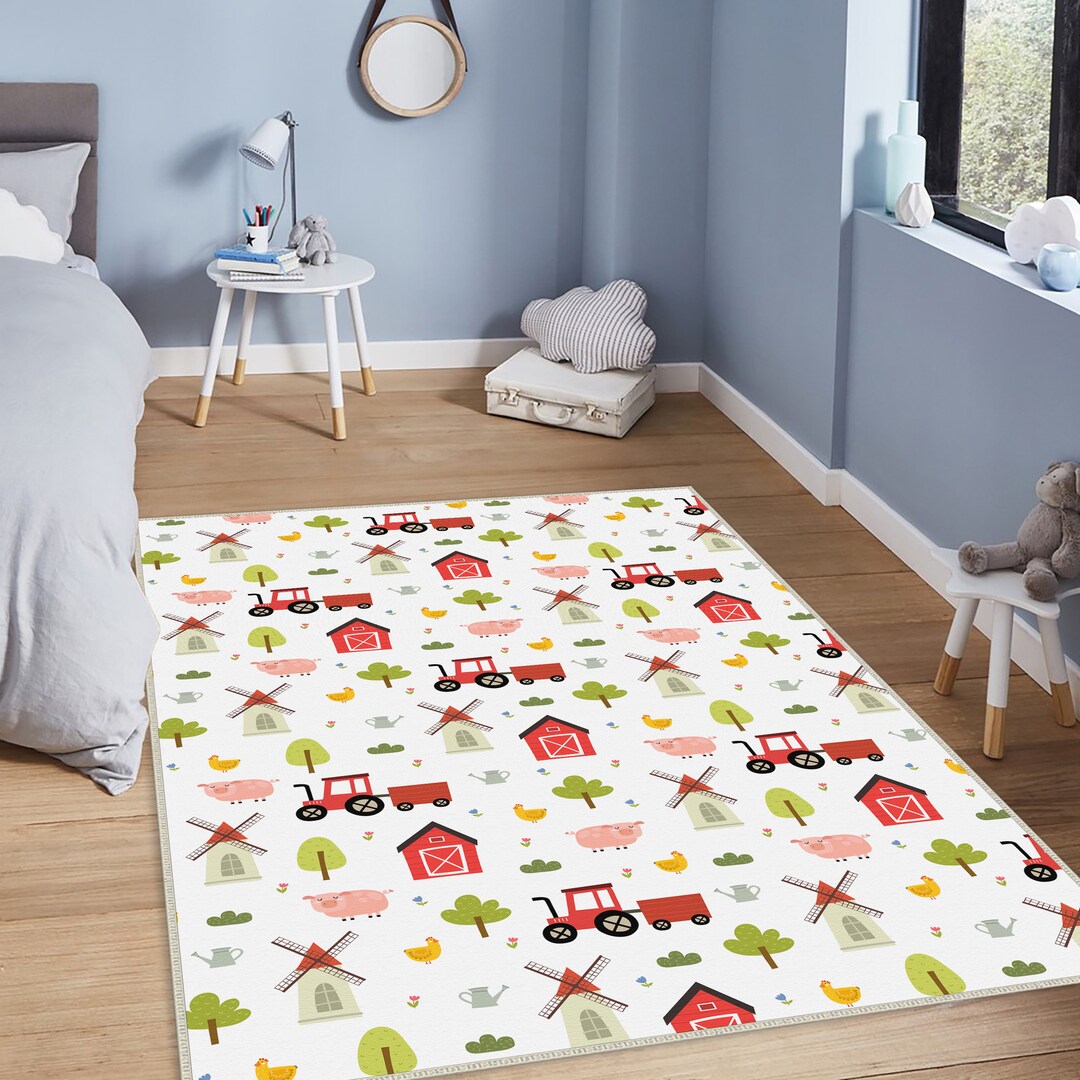 Farm Nursery Rug, Farmhouse Kids Carpet, Happy Farm Animals Play Mat ...